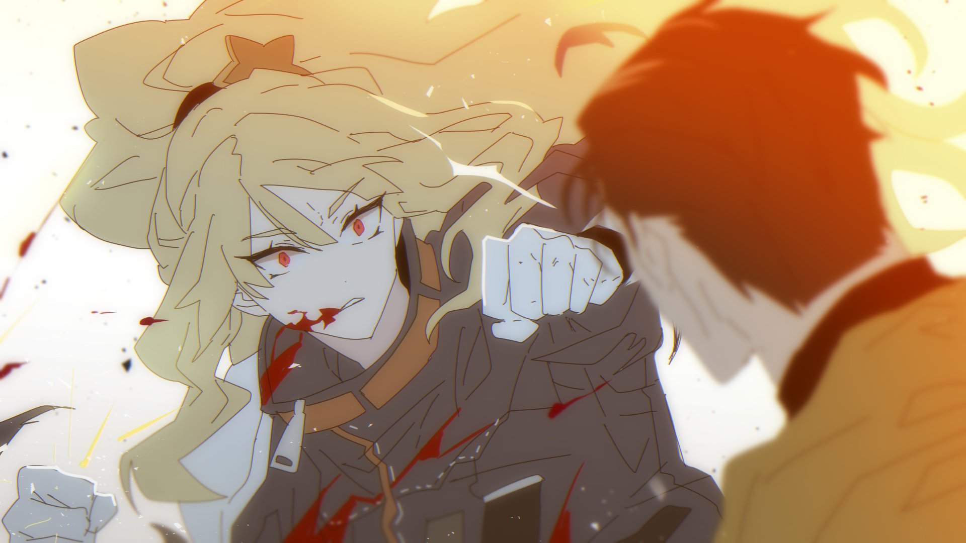 Safebooru - 1boy 1girl black hair black jacket blonde hair blood blood from mouth ezra (the ...