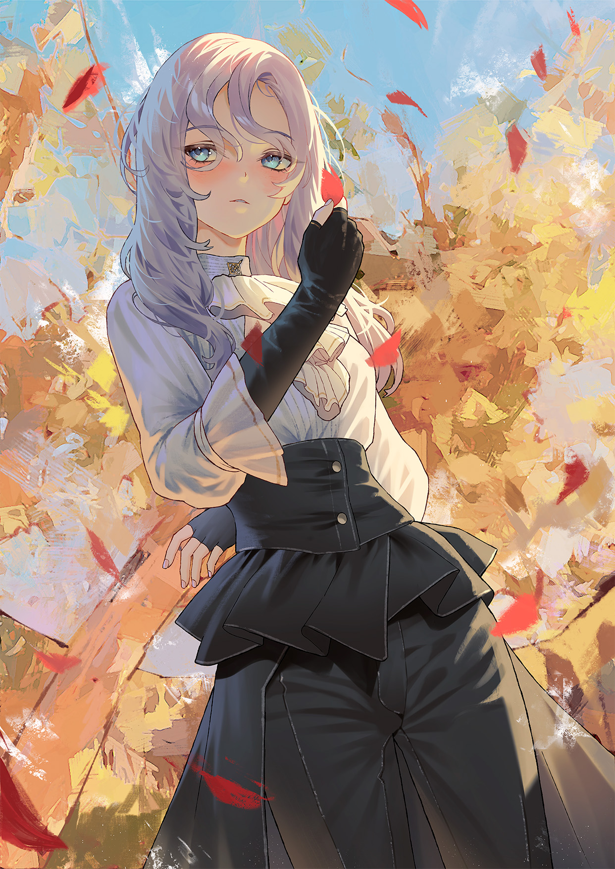 Safebooru - 1girl arm behind back ascot black gloves black pants blue eyes blush character ...