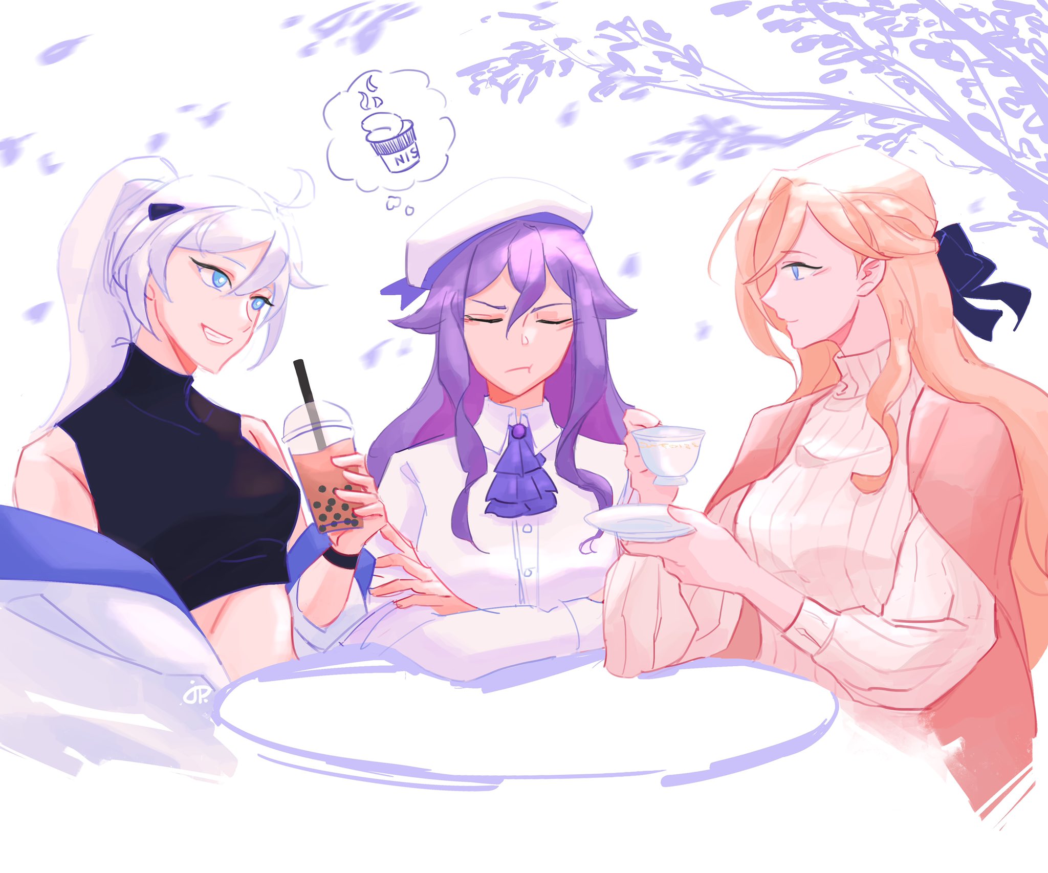 Safebooru - 3girls :d ahoge bangs bare shoulders bianka durandal ataegina black shirt blonde ...