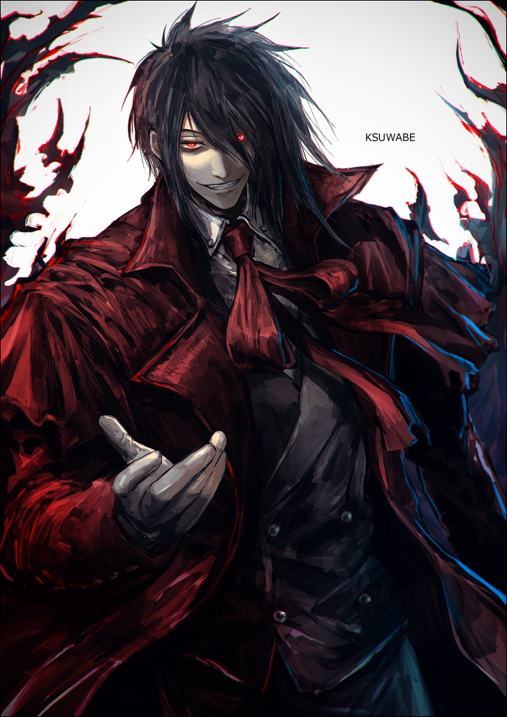 Safebooru - 1boy alucard (hellsing) artist name bangs black hair black pants black vest buttons ...