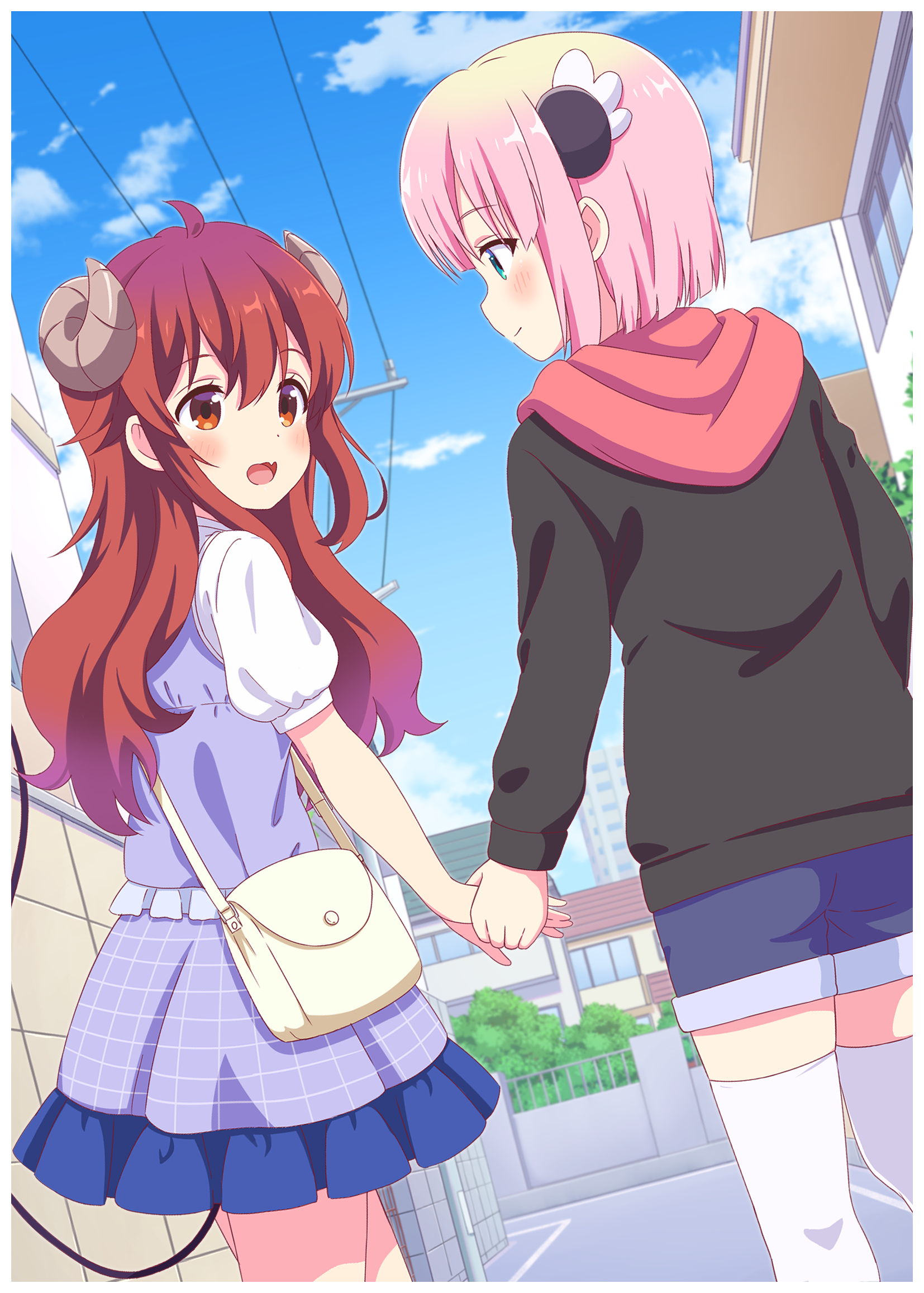 Safebooru - 2girls :d ahoge bag bangs black jacket blue shorts blue sky blush brown eyes brown ...