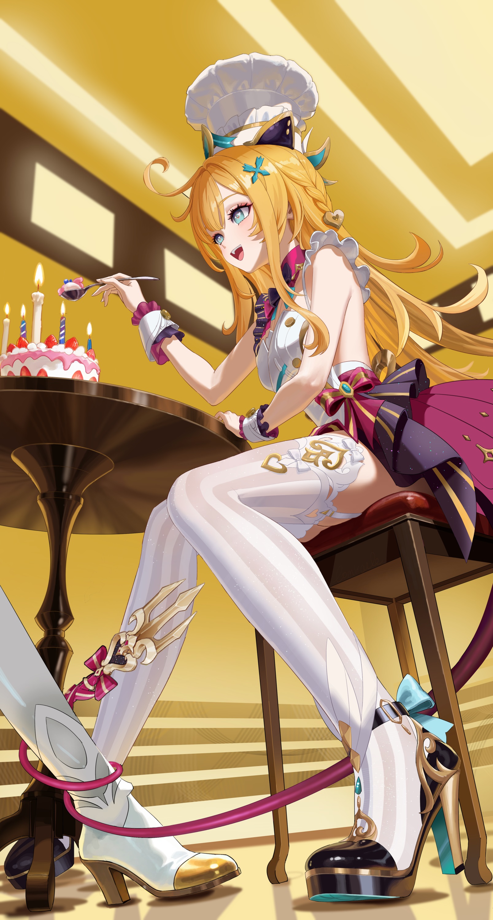 Safebooru - 2girls absurdres ankle bow aqua eyes bare shoulders birthday cake black shoes blonde ...