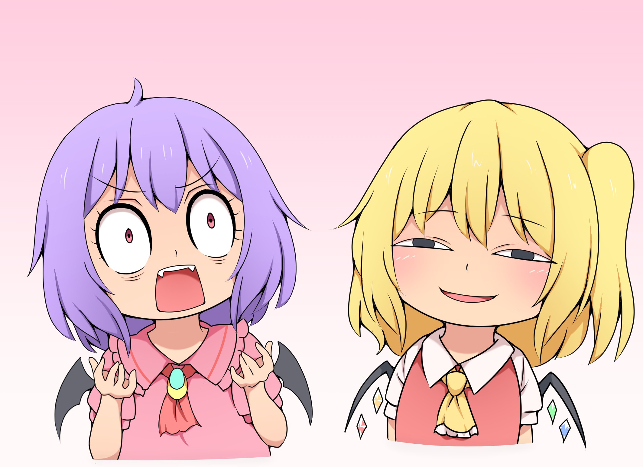 Safebooru - 2girls ahoge alternate eye color anya's heh face (meme) ascot bangs bat wings blonde ...