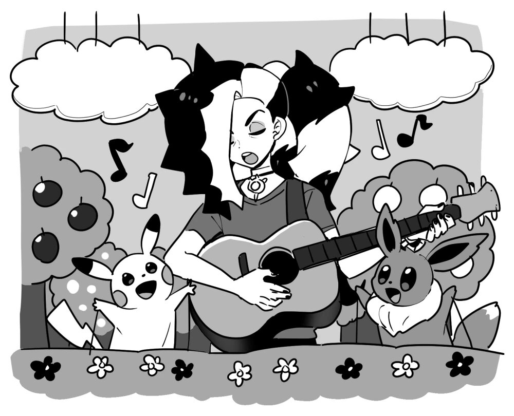 Safebooru - 1boy closed eyes clouds eevee flower greyscale guitar hair ...