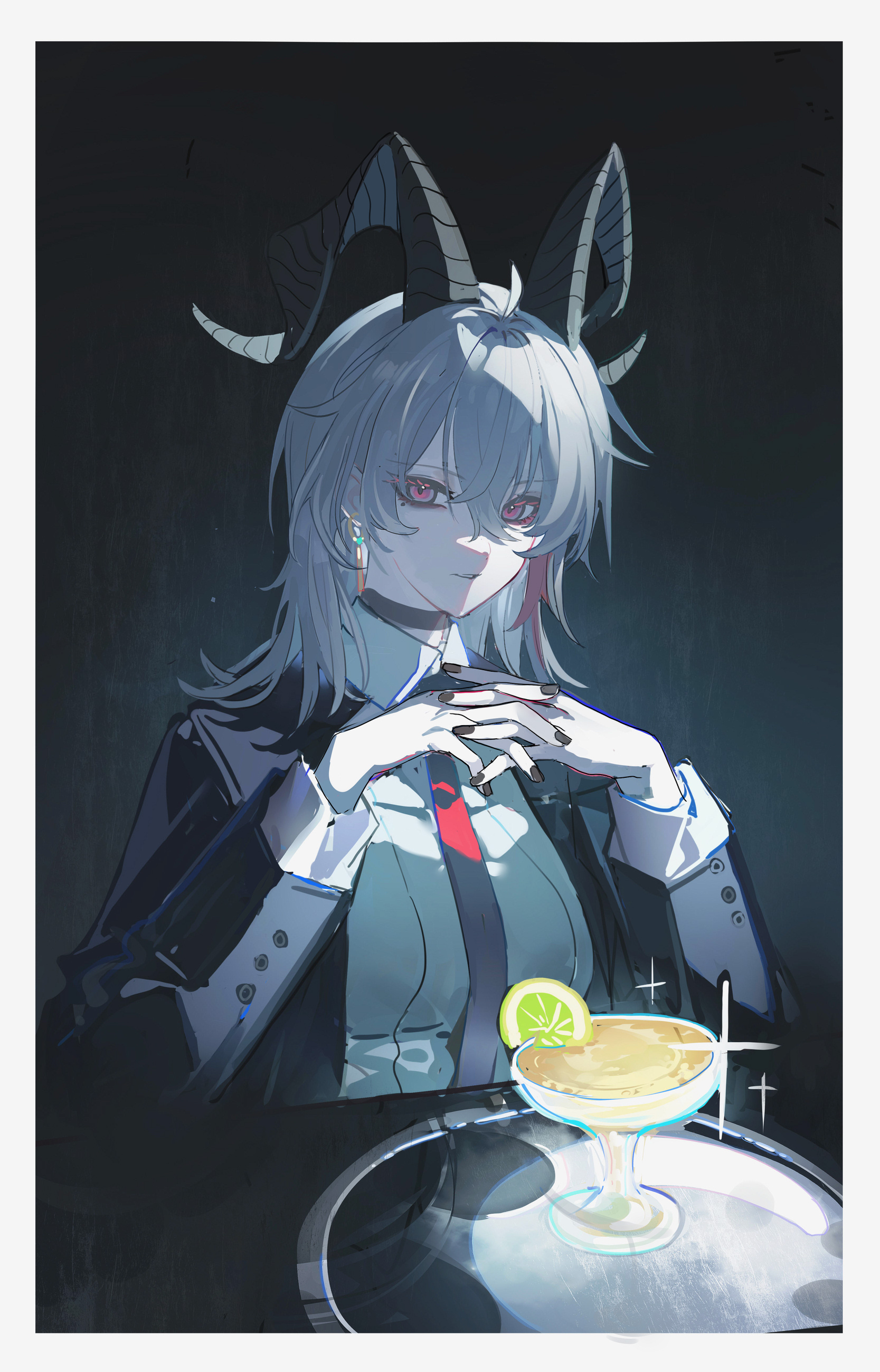 Safebooru - 1girl absurdres black choker black horns black jacket black nails breasts chinese ...