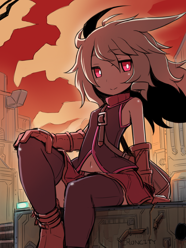 Safebooru - 1girl bangs boots breasts clouds elbow gloves evening gloves grey hair hair between ...