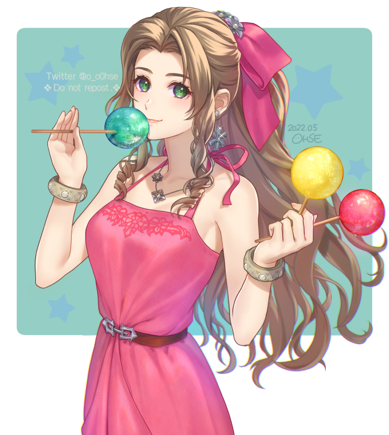 Safebooru - 1girl aerith gainsborough bangs bare shoulders belt bow bracelet breasts brown hair ...
