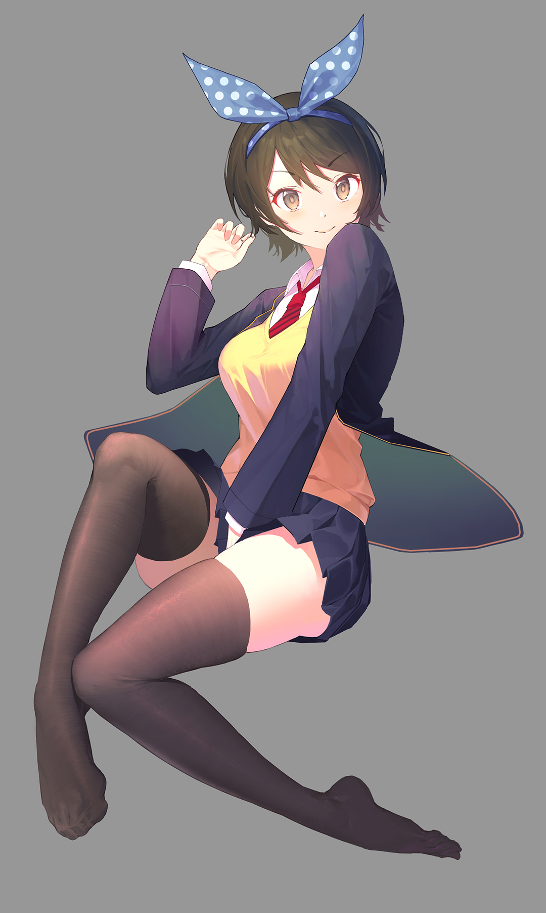 Safebooru - 1girl bangs between legs black hair black jacket black legwear black skirt blue bow ...