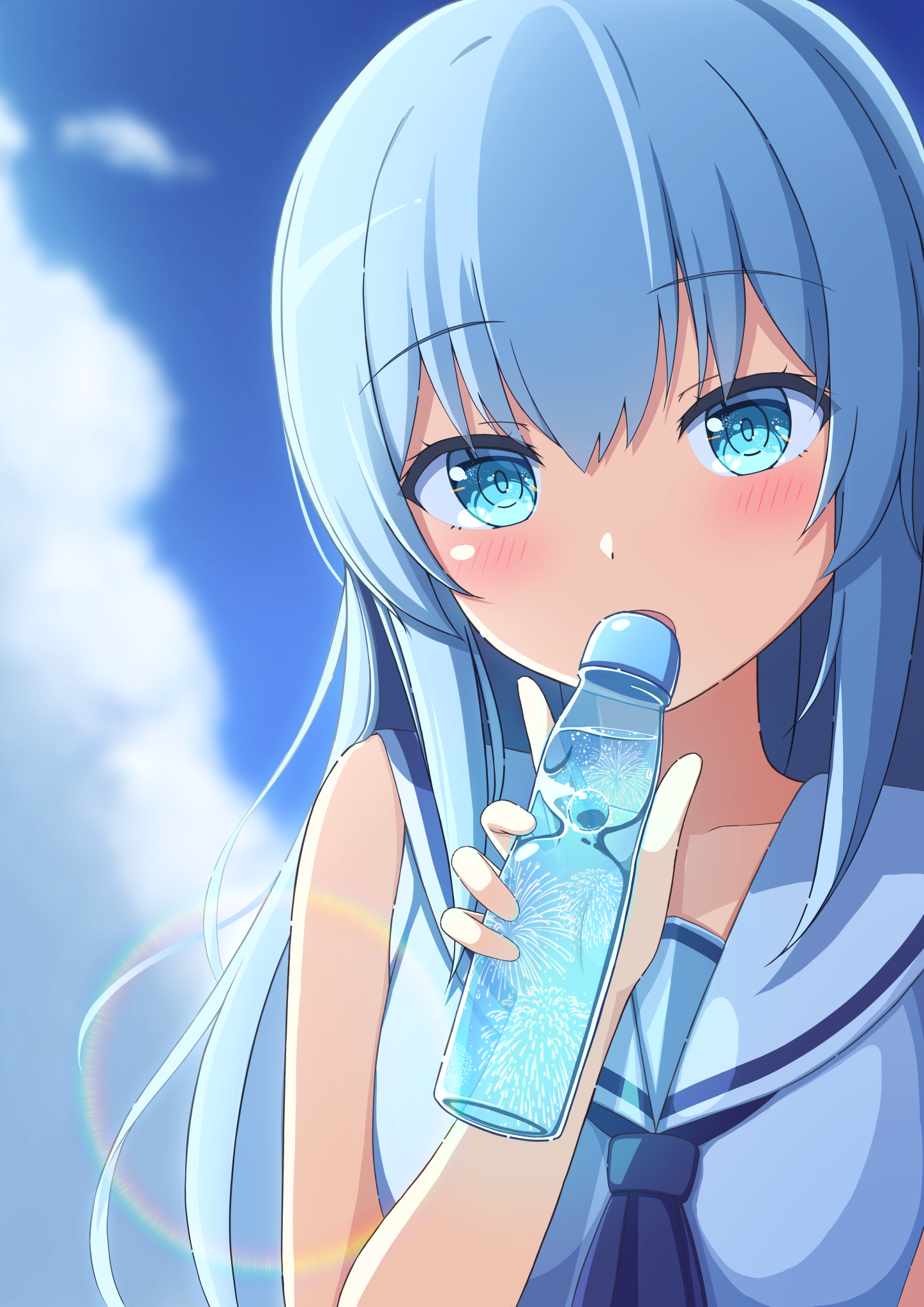 Safebooru - 1girl bangs bare arms blue eyes blue hair blue neckerchief blue sailor collar blue ...