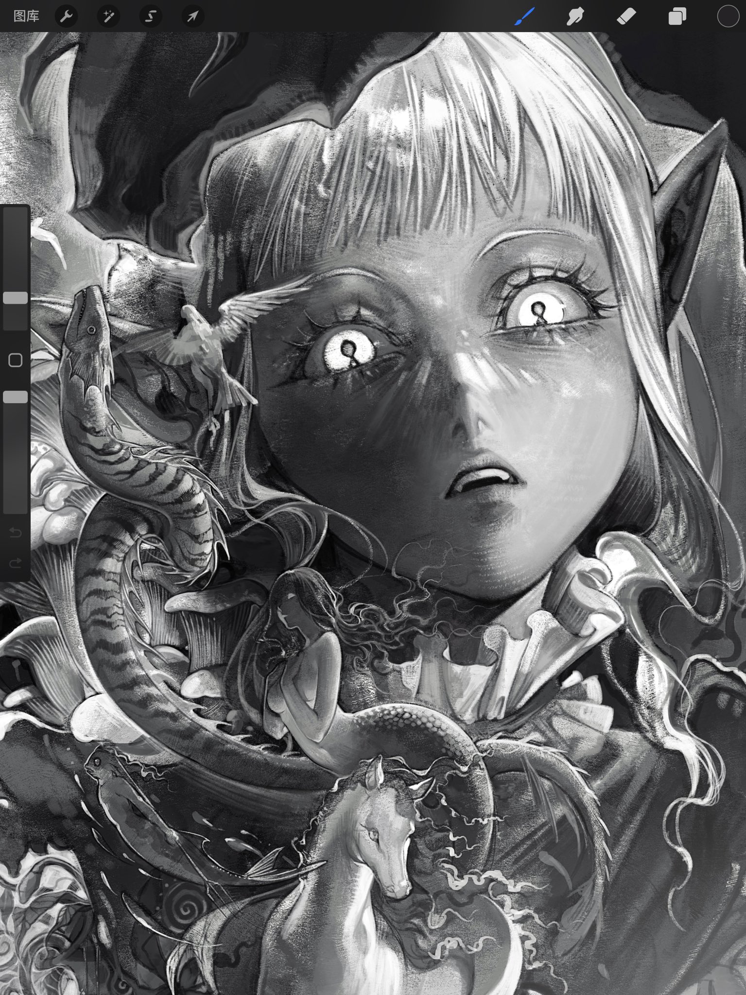 Safebooru - 1boy dark-skinned male dark elf dark skin dragon dungeon meshi elf greyscale highres ...