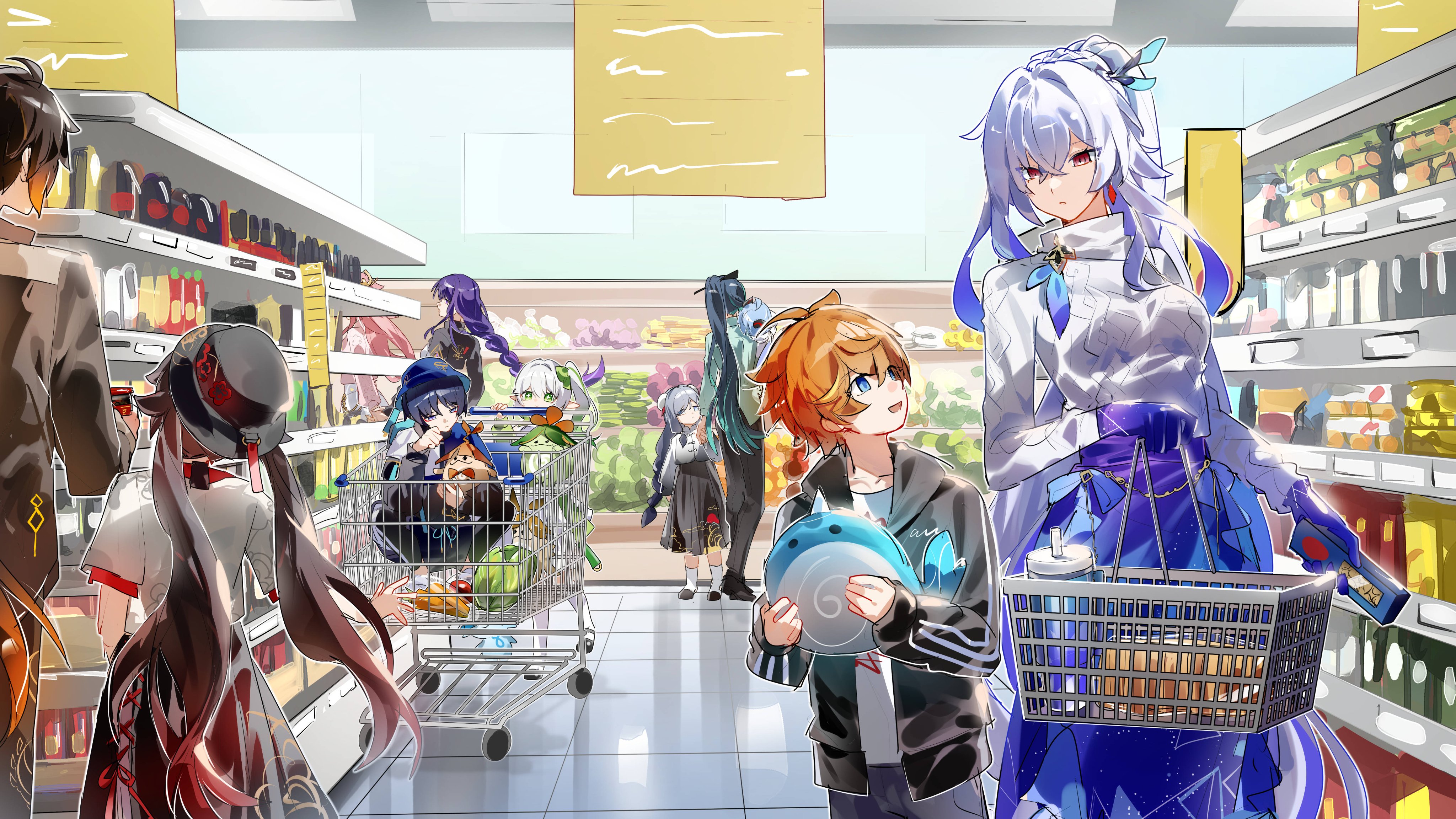 Safebooru - 3boys 6+girls absurdres aged down aran sweater aranara (genshin impact) black hair ...