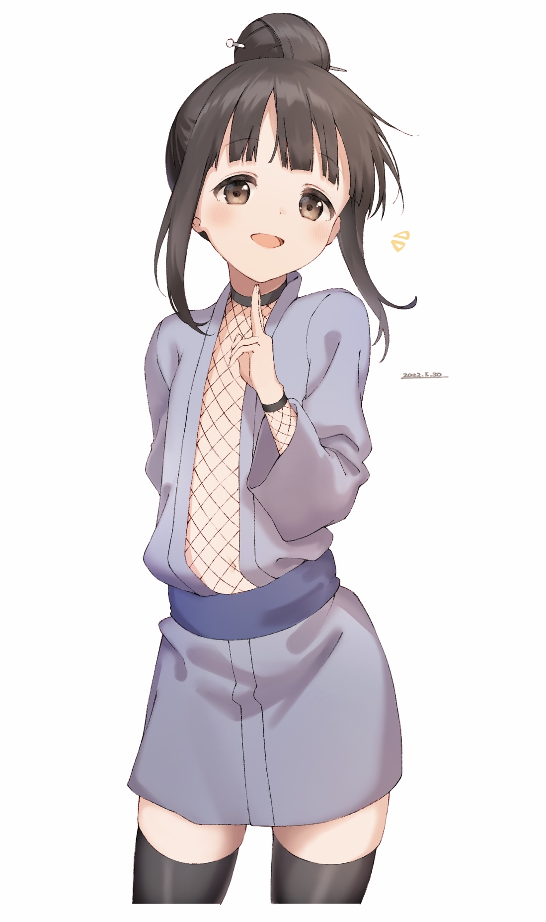 Safebooru - 1girl arm behind back bangs black hair black legwear blunt bangs brown eyes finger ...