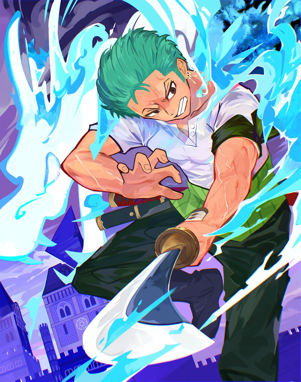 Safebooru - 1boy ab-ten bandana around arm black pants clenched teeth ...