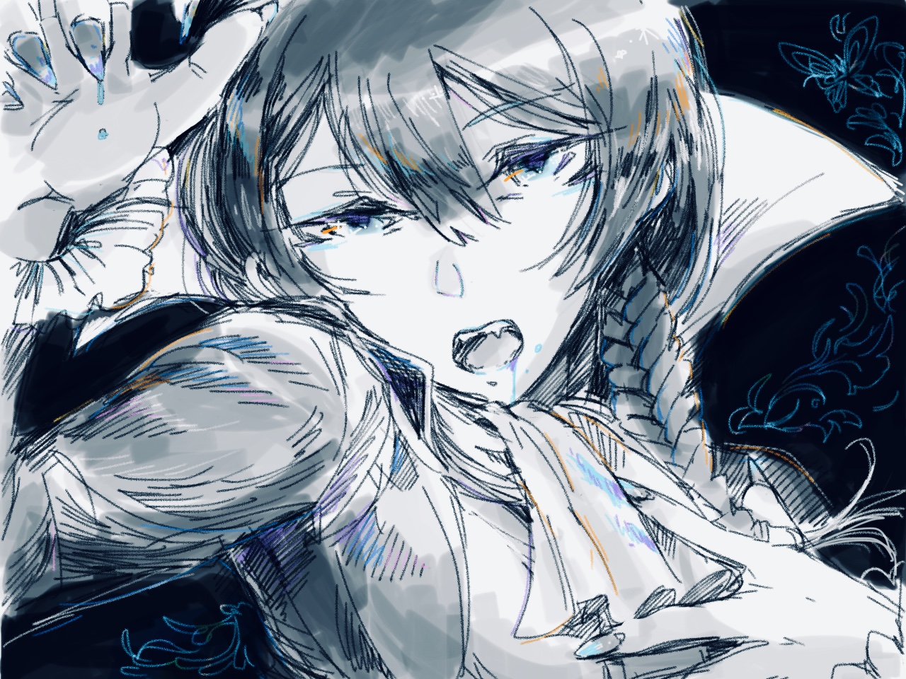 Safebooru - 1girl alter ego (game) black background black hair blue background blue eyes blue ...