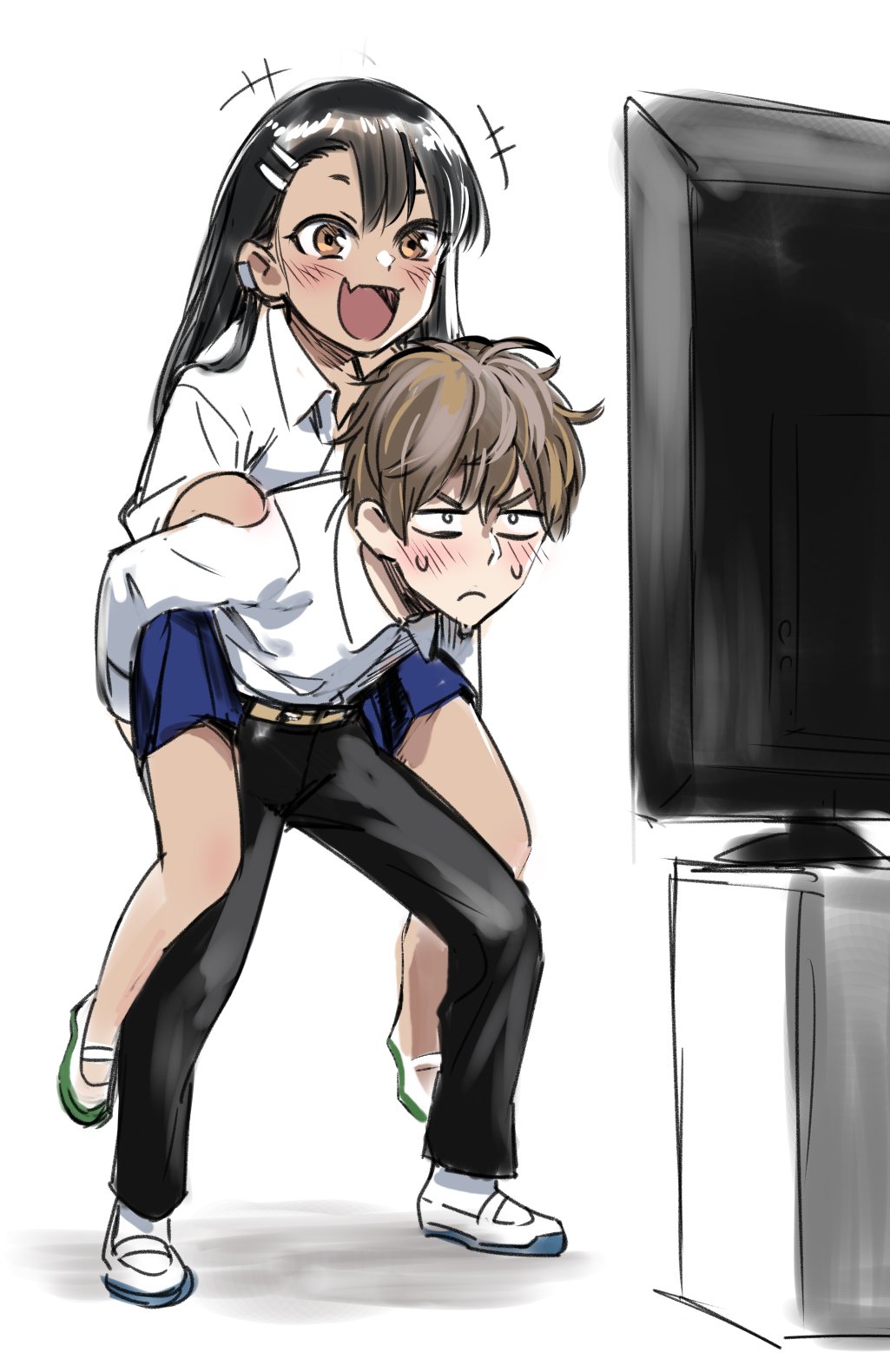 Safebooru - +++ 1boy 1girl 774 (nanashi) :d black hair black pants blue skirt brown eyes brown ...