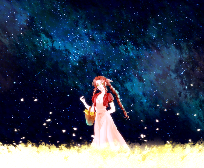 Safebooru - 1girl aerith gainsborough arm behind back arm up bangs bare arms braid braided ...