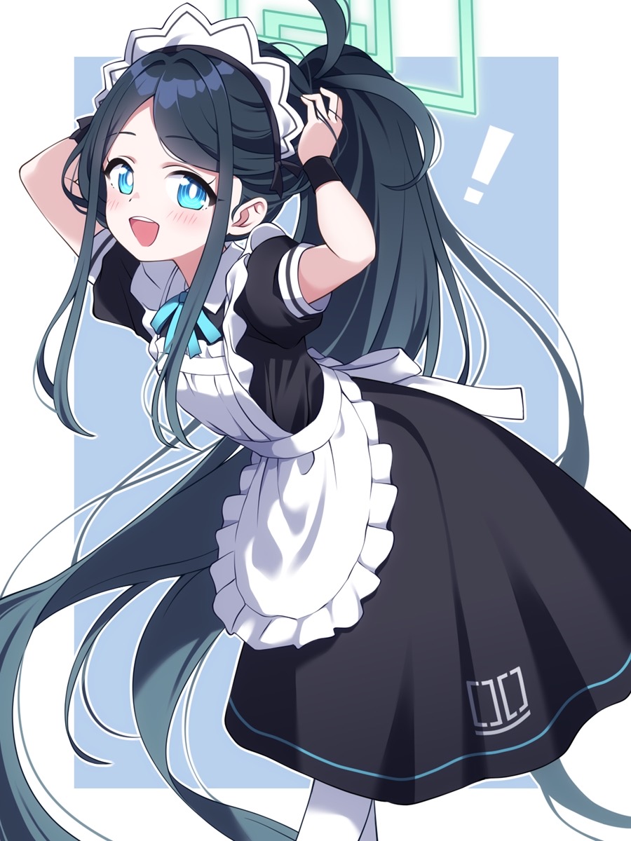 Safebooru - ! 1girl absurdly long hair apron aqua background aqua eyes aqua halo aqua ribbon ...