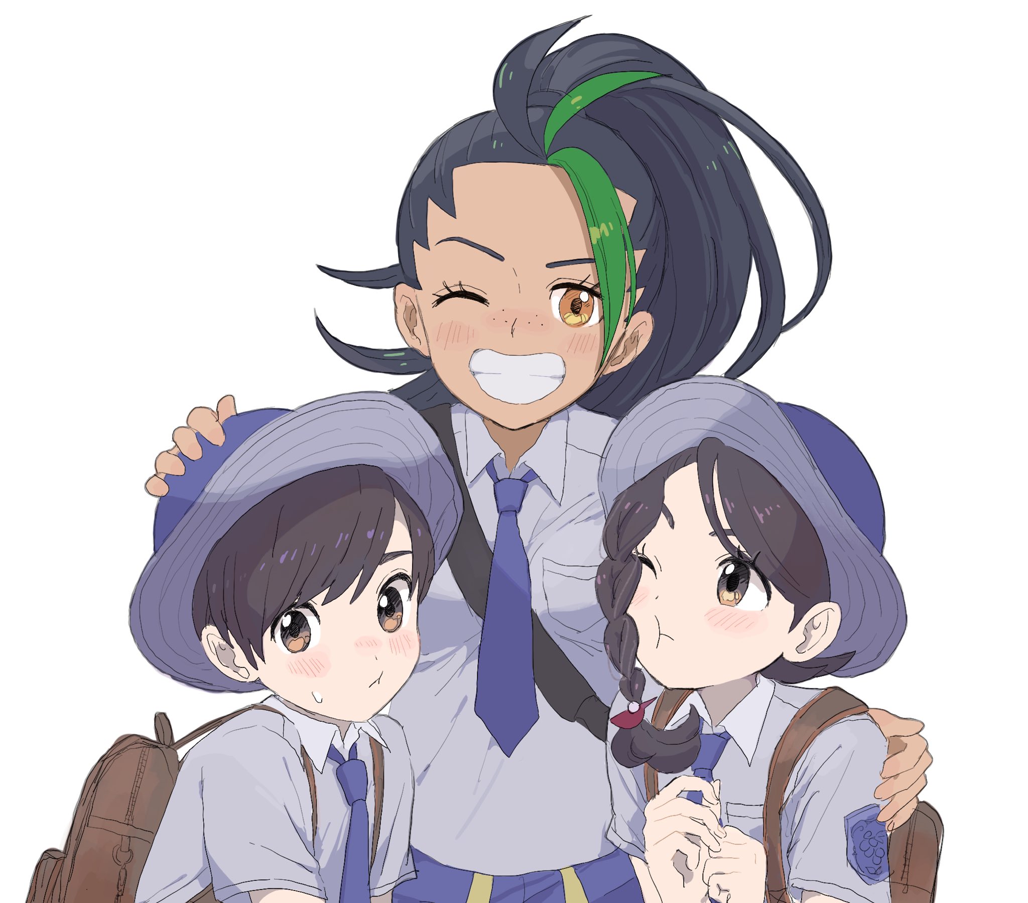 Safebooru - 1boy 2girls :t aoaomzir backpack bag bangs black hair blush brown bag brown eyes ...
