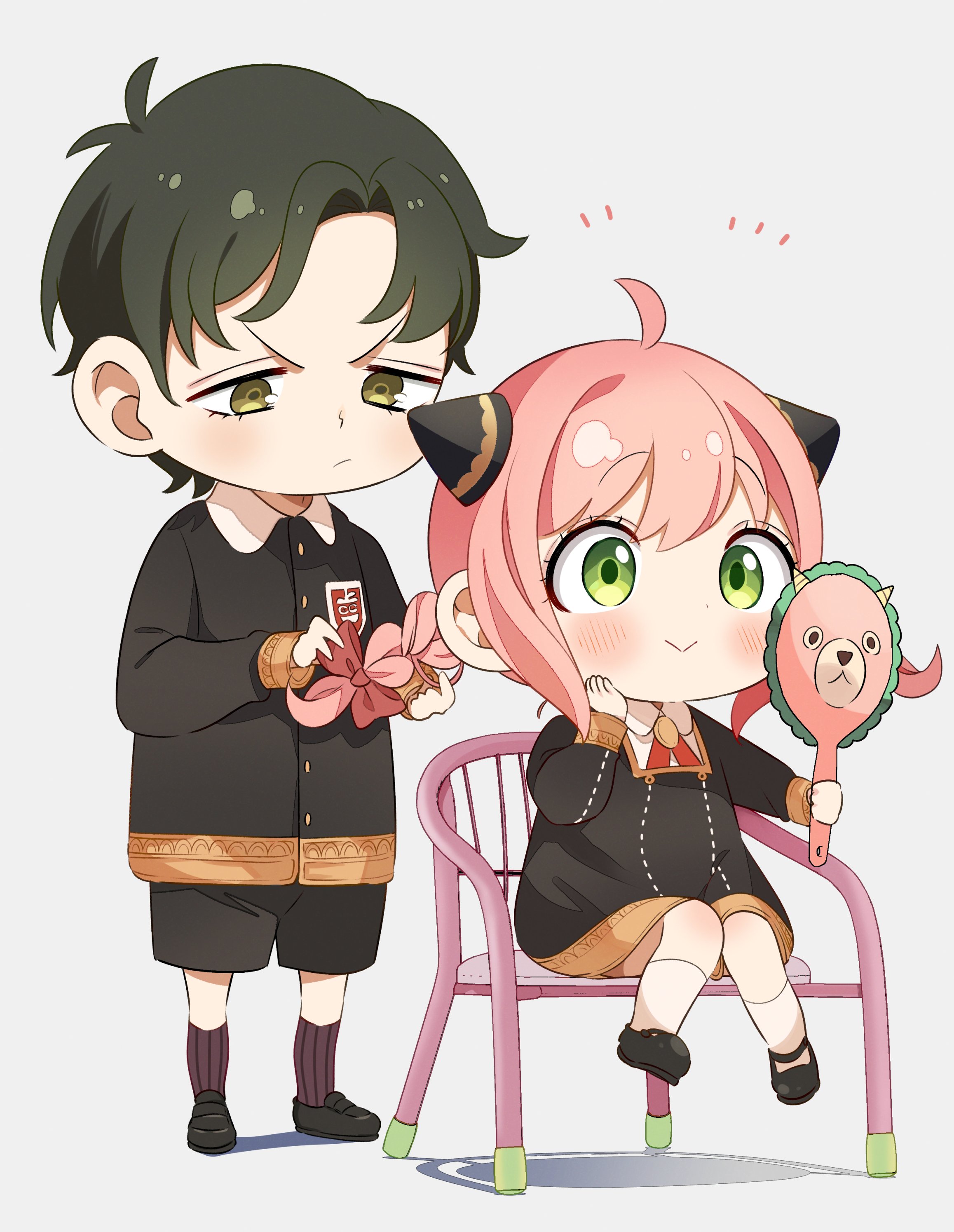 Safebooru - 1boy 1girl :> :/ absurdres adjusting another's hair alternate hairstyle anya (spy x ...