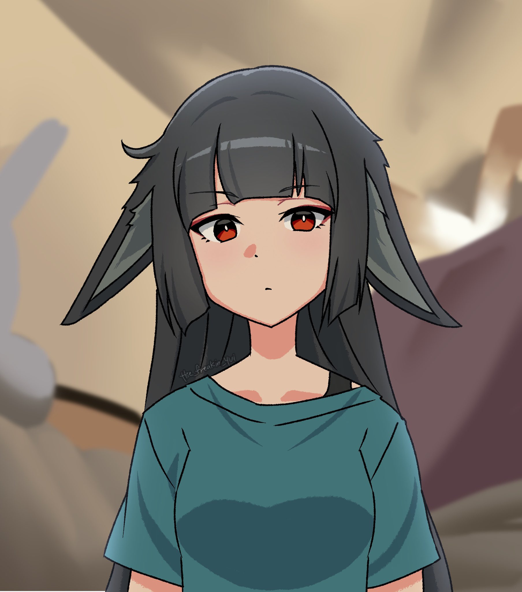 Safebooru - 1girl animal ears artist name black hair blue shirt ...