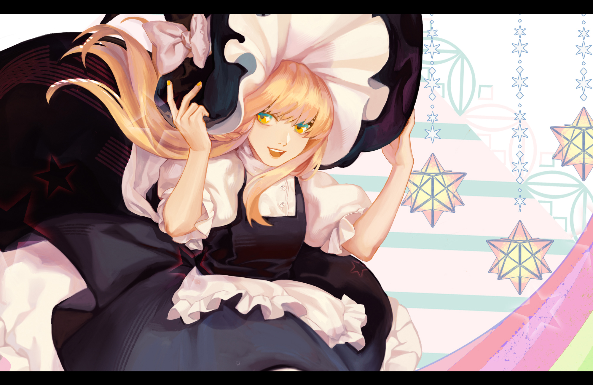 Safebooru - 1girl abstract background apron black headwear black skirt black vest blonde hair ...