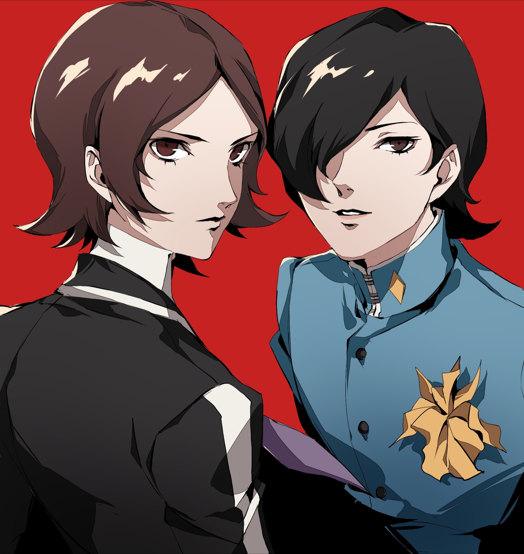 Safebooru - 2boys black hair brown eyes brown hair hair over one eye ...