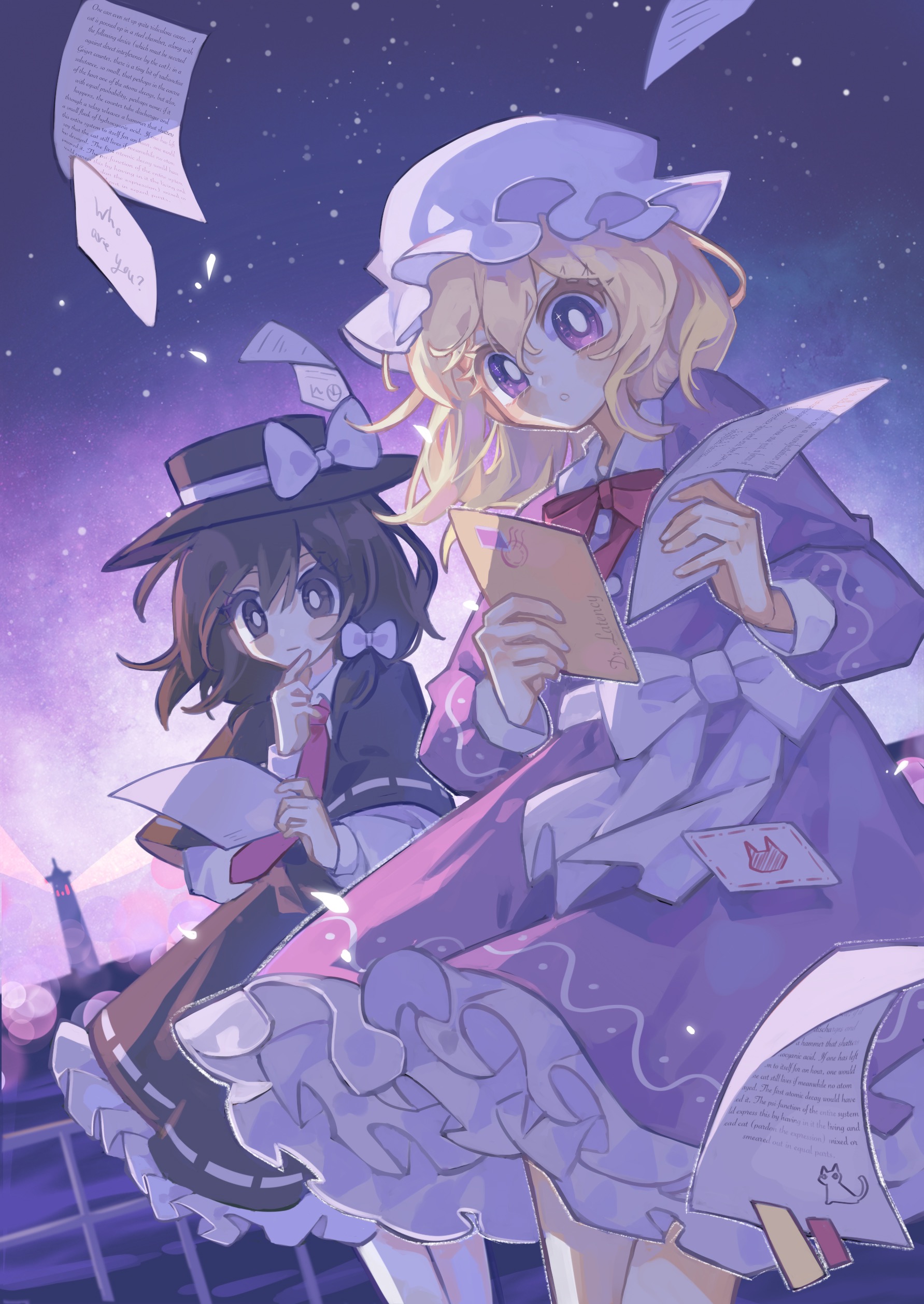 Safebooru - 2girls :o :| absurdres black capelet black headwear black skirt blonde hair blush ...