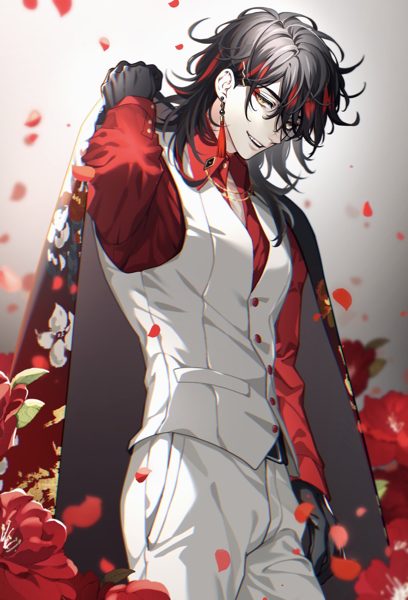 Safebooru - 1boy adjusting clothes belt black gloves black hair earrings floral print flower ...