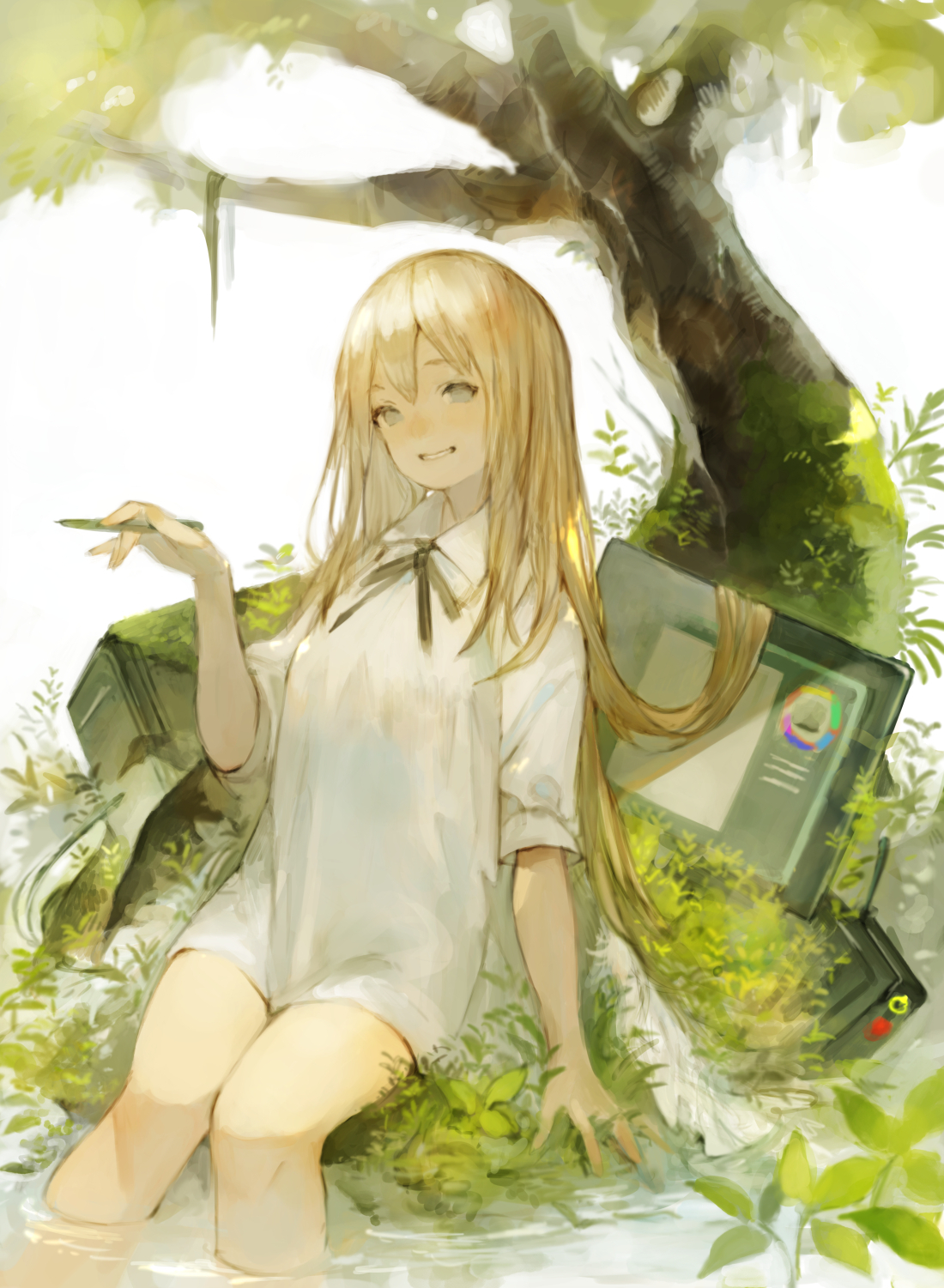 Safebooru - 1girl bangs blonde hair blue eyes bottomless collared shirt ...