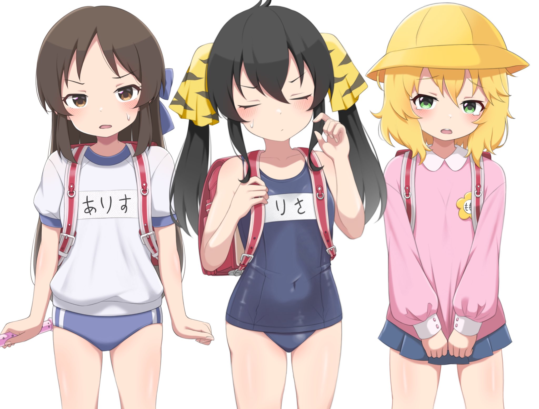 Safebooru - 3girls backpack bag bloomers blue one-piece swimsuit buruma gym uniform hat highres ...