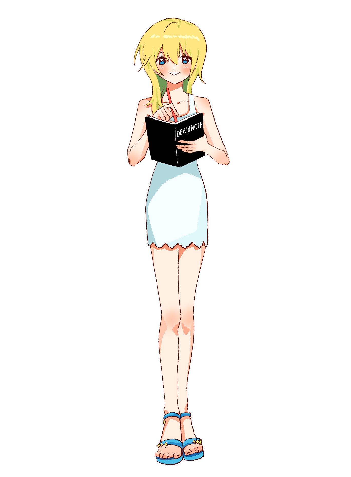 Safebooru - 1girl :d bare shoulders blonde hair blue eyes collarbone death note death note ...