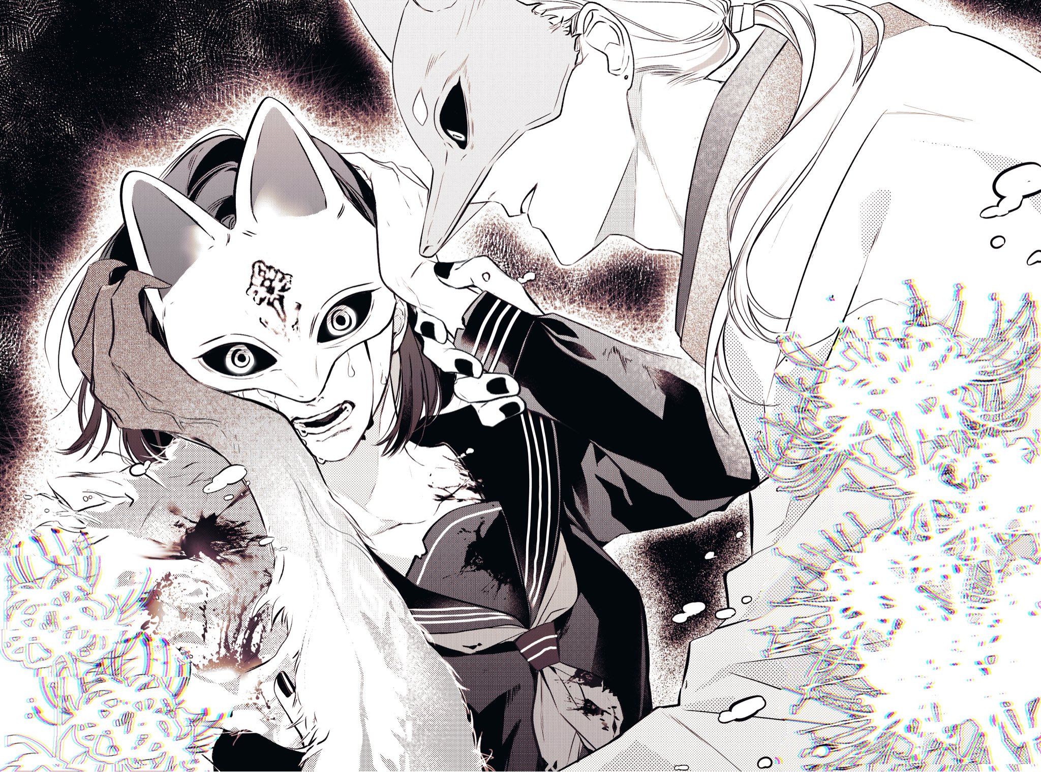 Safebooru - 1boy 1girl black serafuku flower fox mask fox mask (silent ...