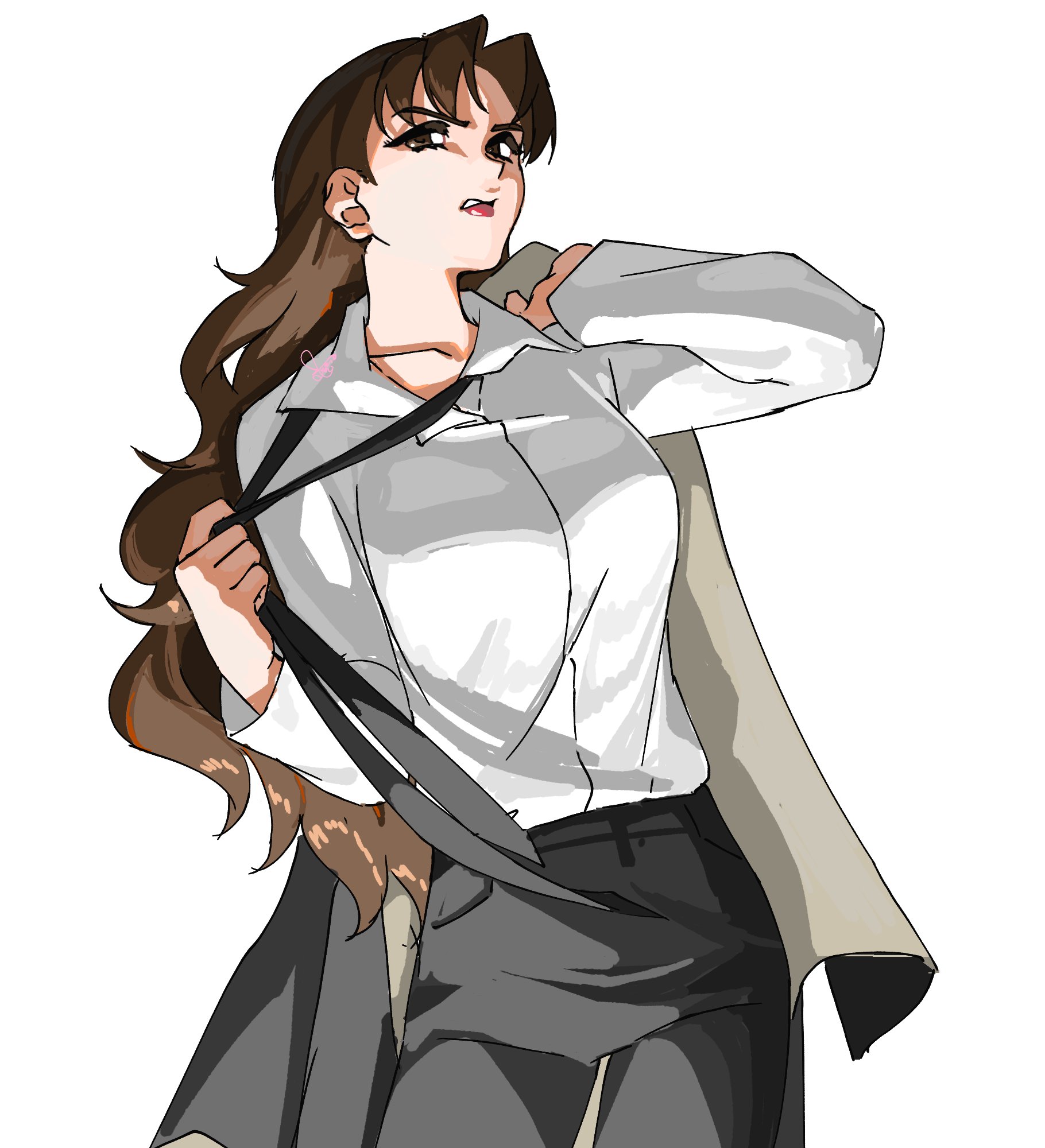 Safebooru - 1girl azumanga daioh black coat black necktie black pants brown eyes brown hair coat ...
