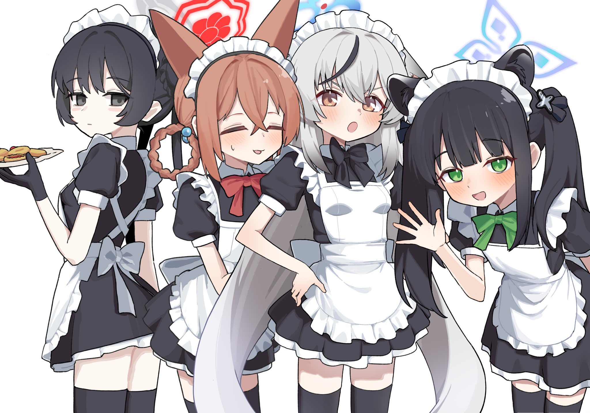 Safebooru - 4girls alternate costume animal ears apron black hair blue archive blue halo ...