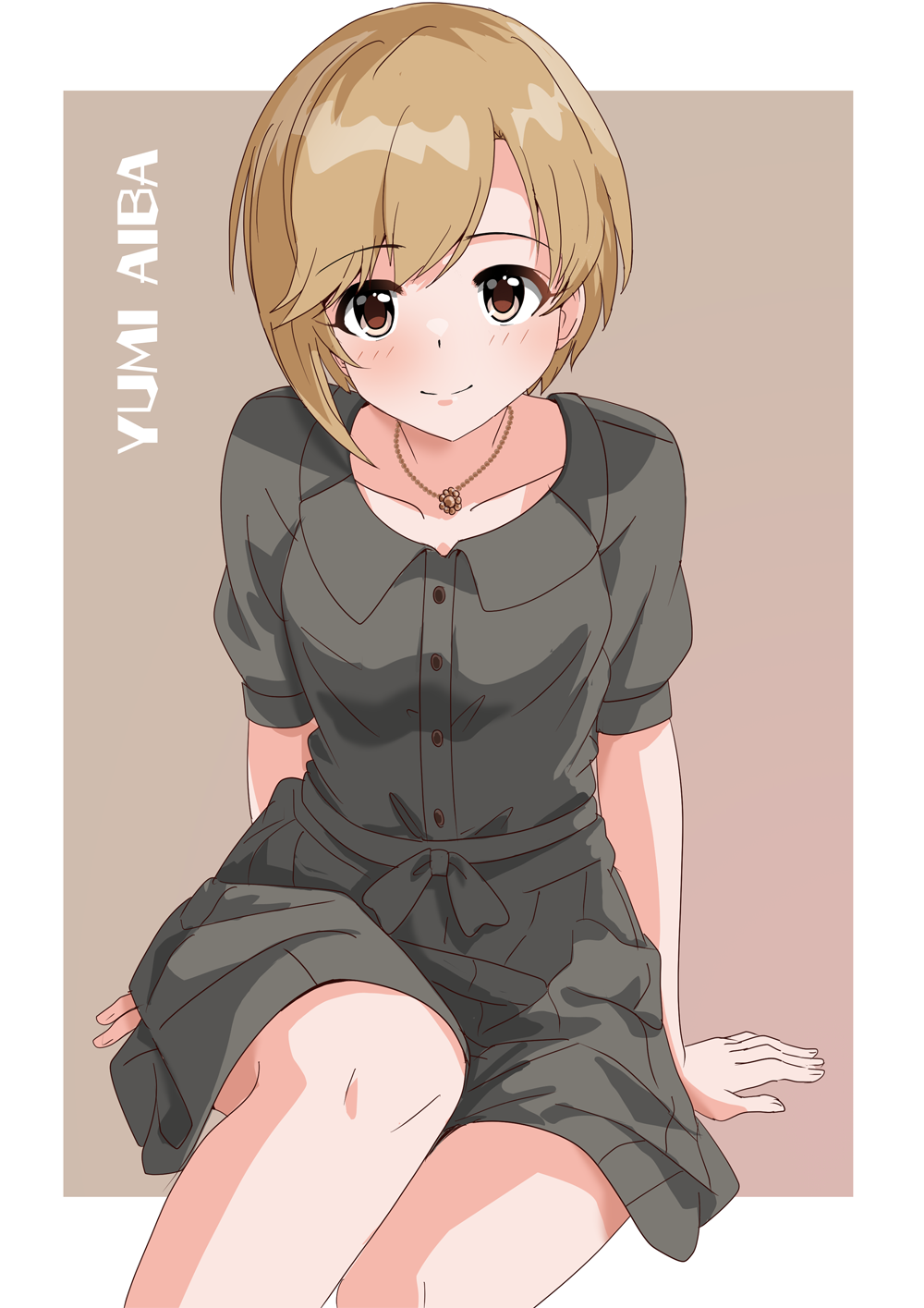 Safebooru - 1girl aiba yumi arm support brown eyes brown hair character name closed mouth ...