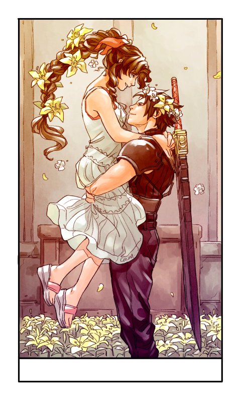 Safebooru - 1boy 1girl aerith gainsborough armor arms around neck bare shoulders black hair ...