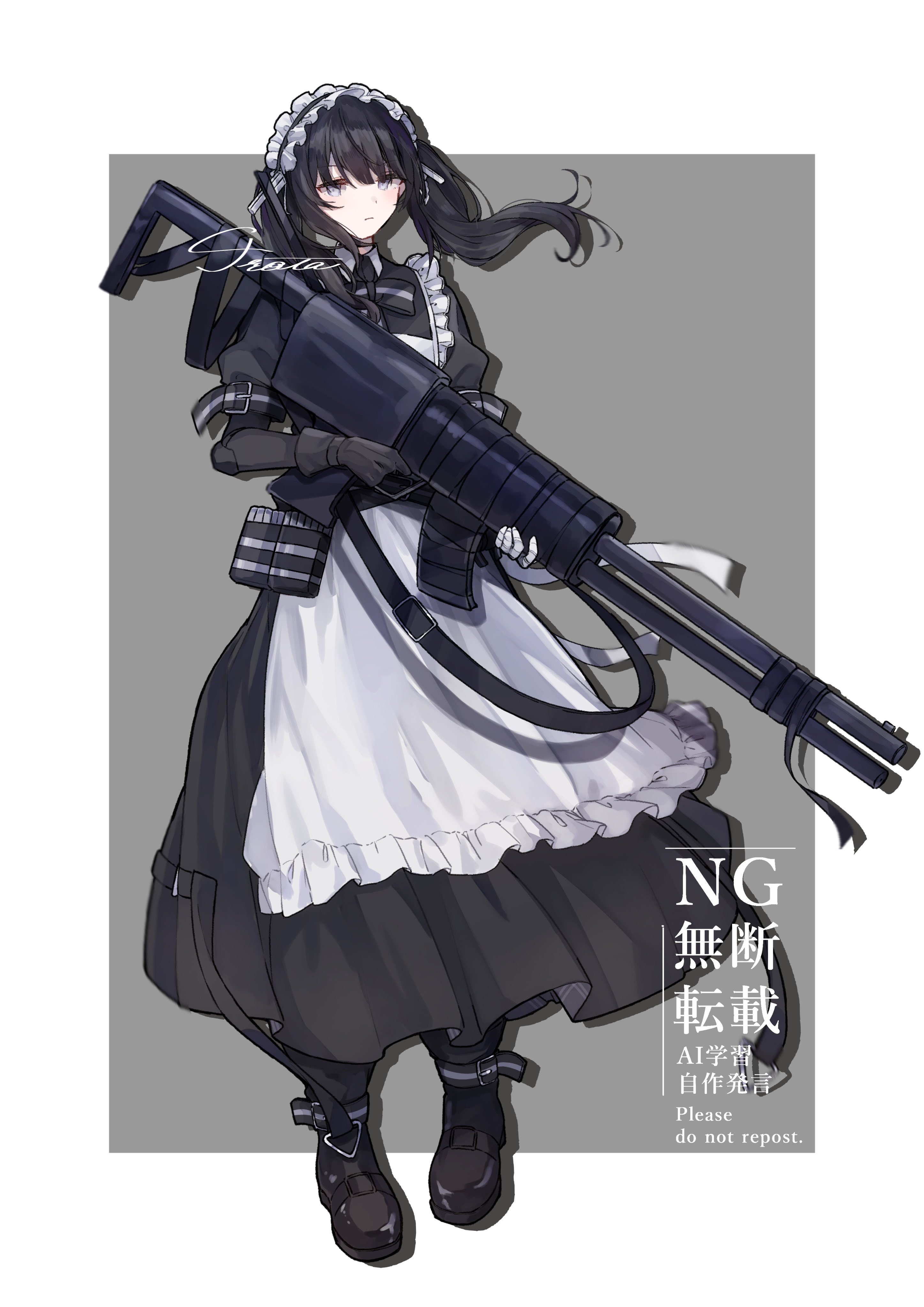 Safebooru - 1girl absurdres airota alternate costume apron assault rifle black boots black dress ...