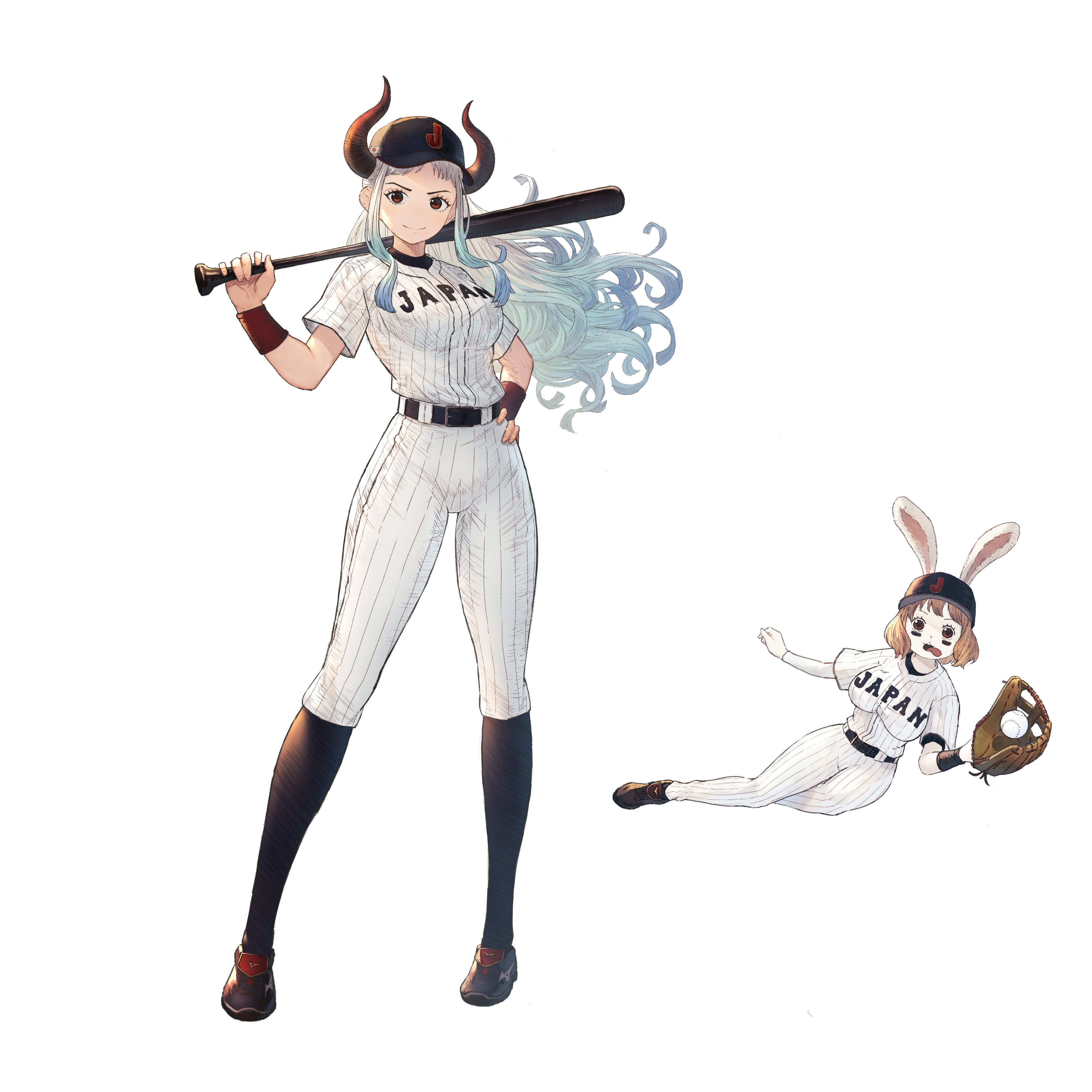 Safebooru - 2girls absurdres animal ears baseball baseball bat baseball mitt baseball uniform ...