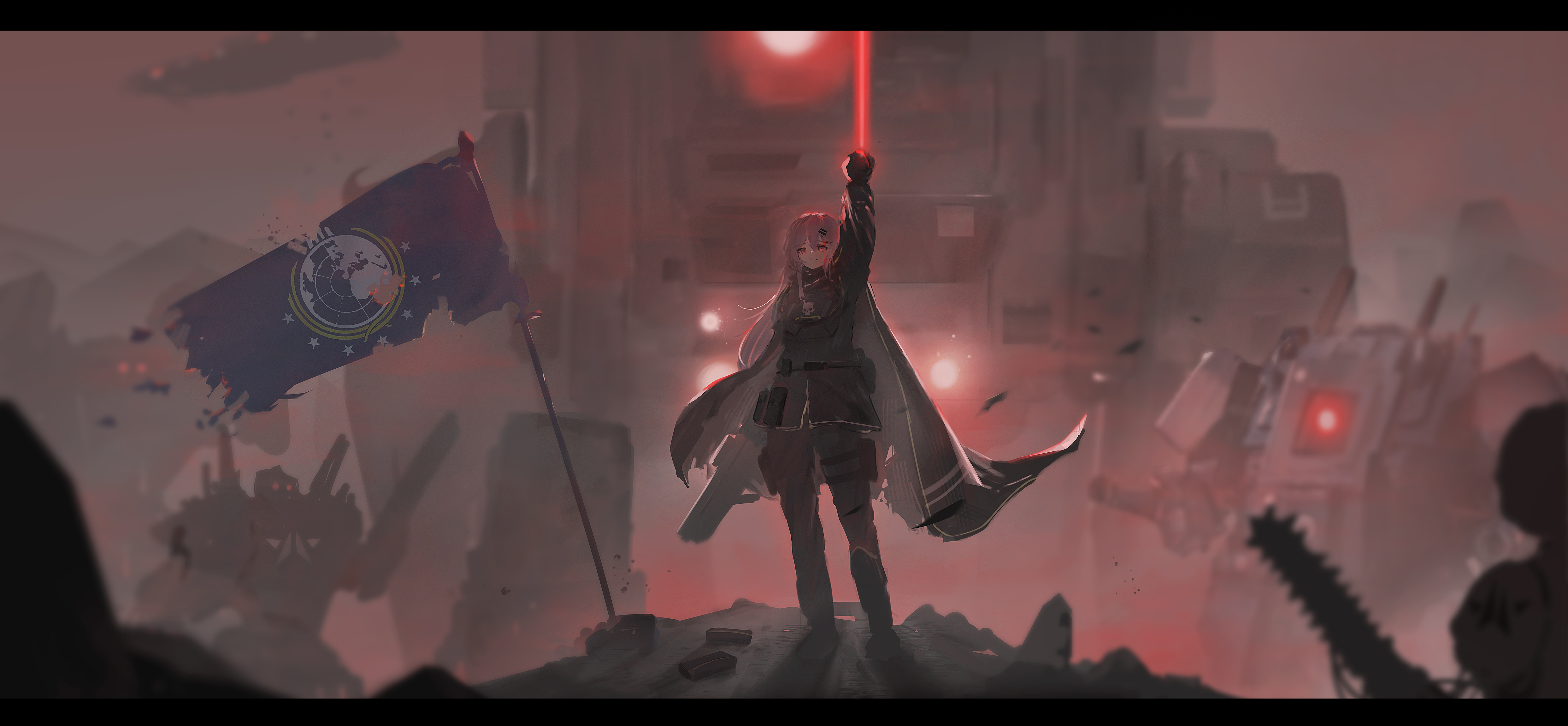 Safebooru - 1girl absurdres arm up building cape flag flare grey hair ...