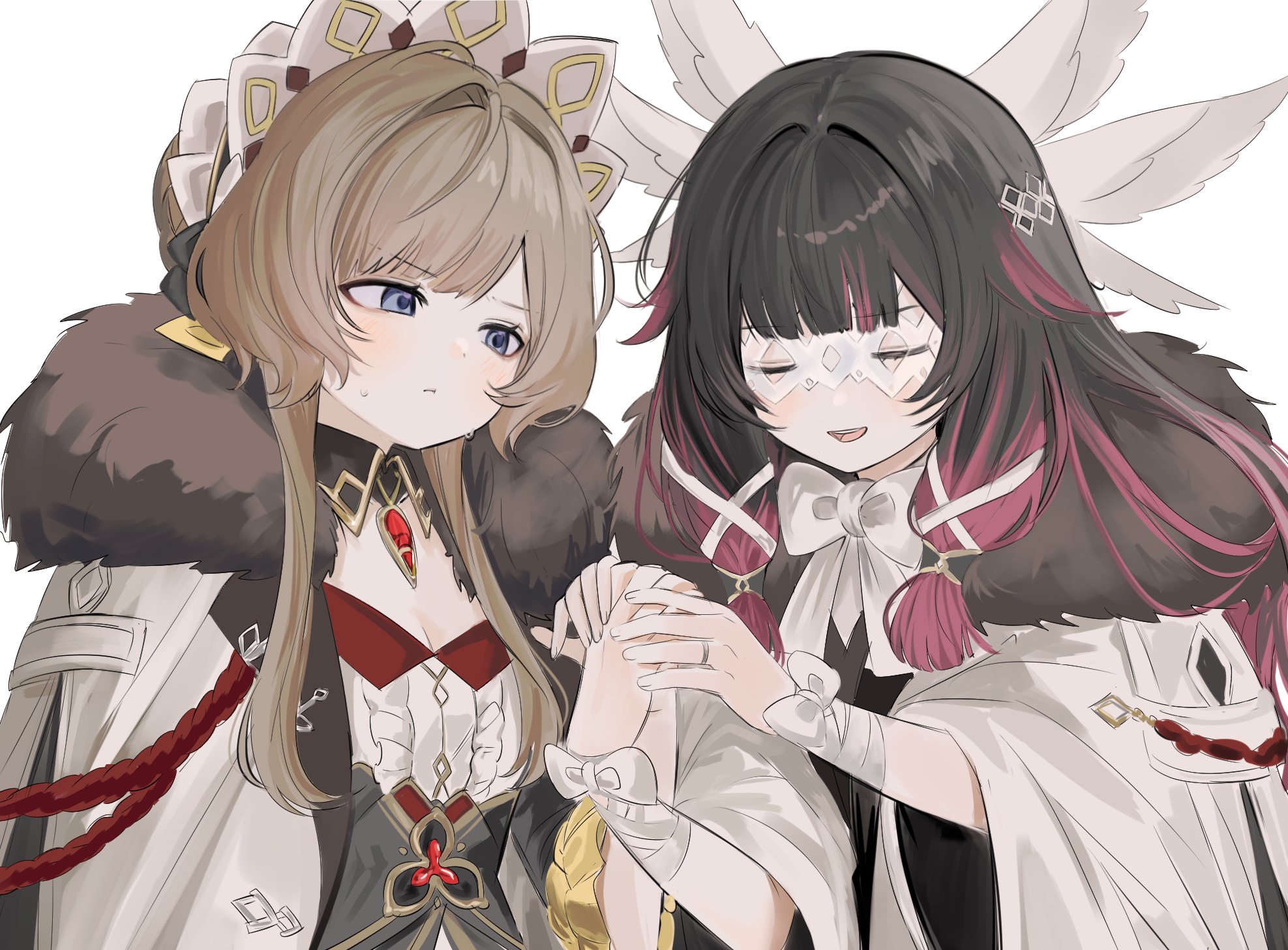 Safebooru - 2girls :t black collar black hair blue eyes bow brown hair closed eyes closed mouth ...