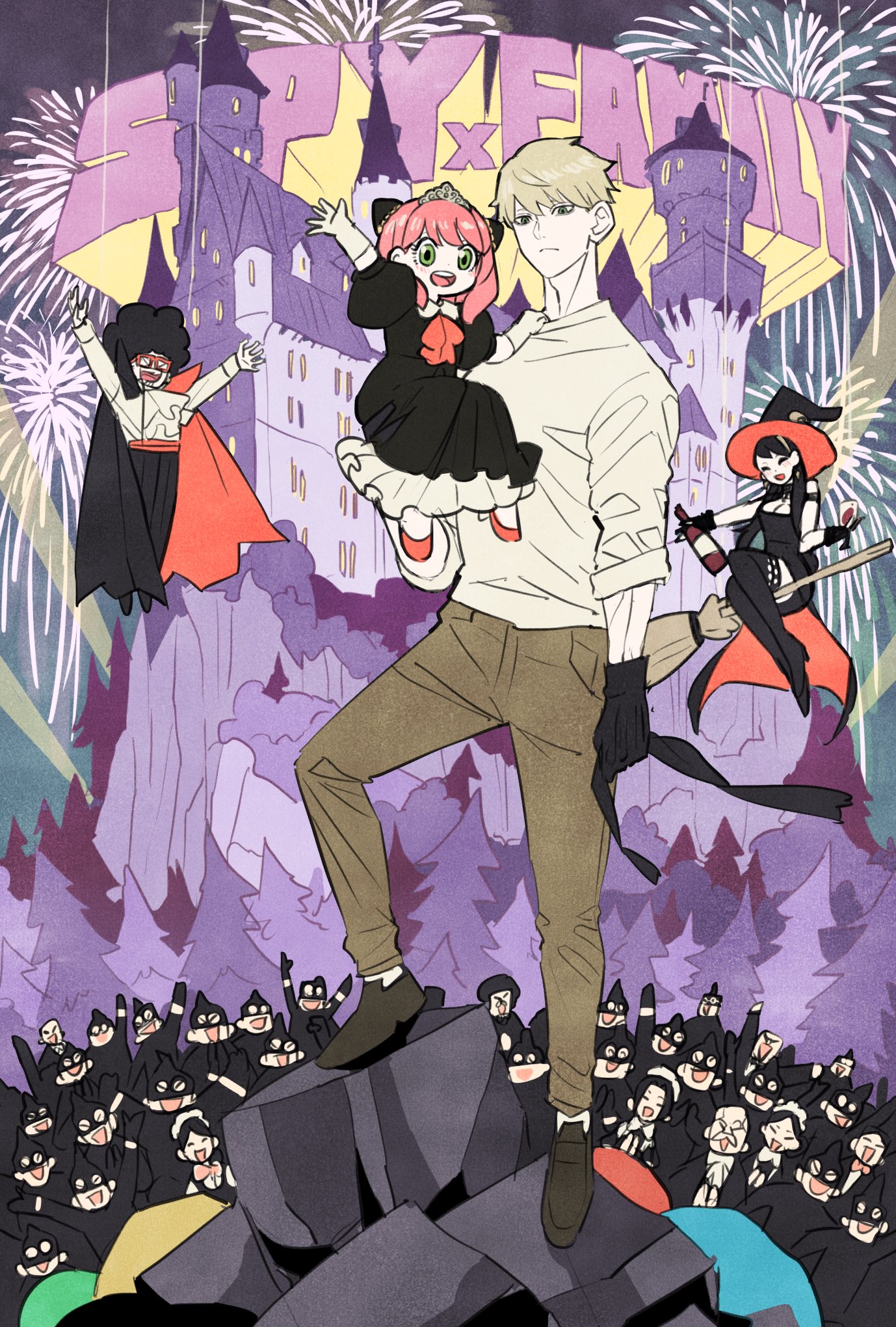 Safebooru - 6+boys 6+girls :d ^ ^ aerial fireworks afro anya (spy x family) arm at side arms up ...