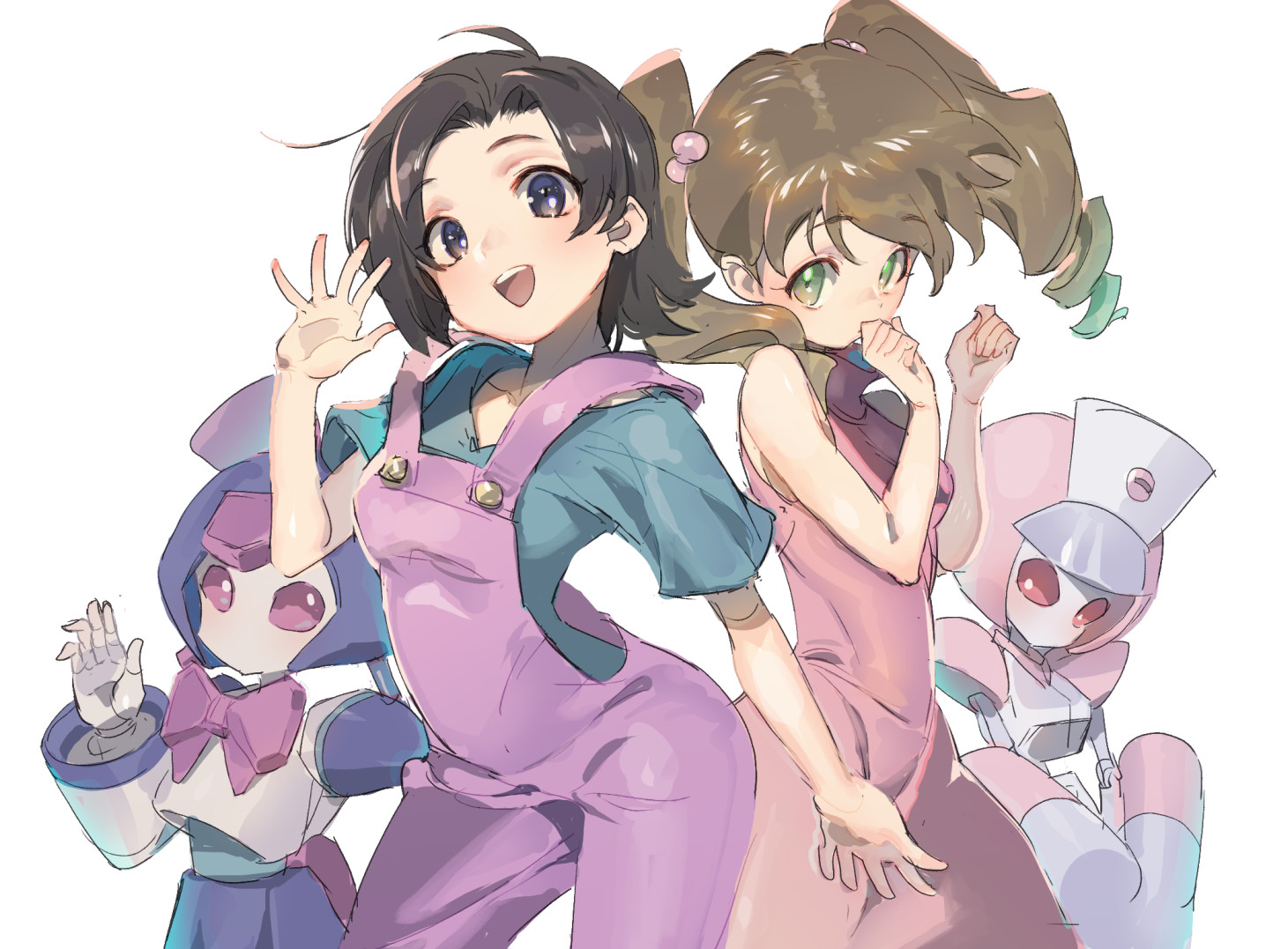 Safebooru - 2girls amazake arika back-to-back blue shirt bow bowtie brass (medarot) brown eyes ...