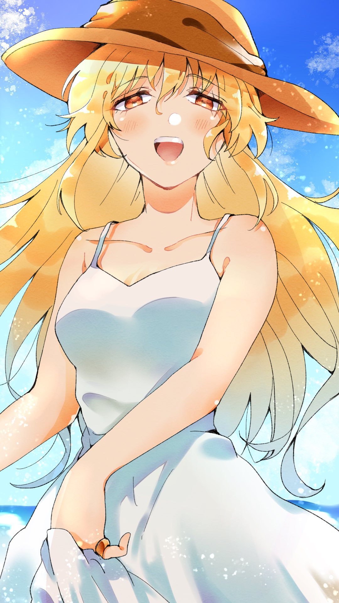 Safebooru - 1girl ahoge alternate costume beach blonde hair blush breasts brown eyes clouds ...