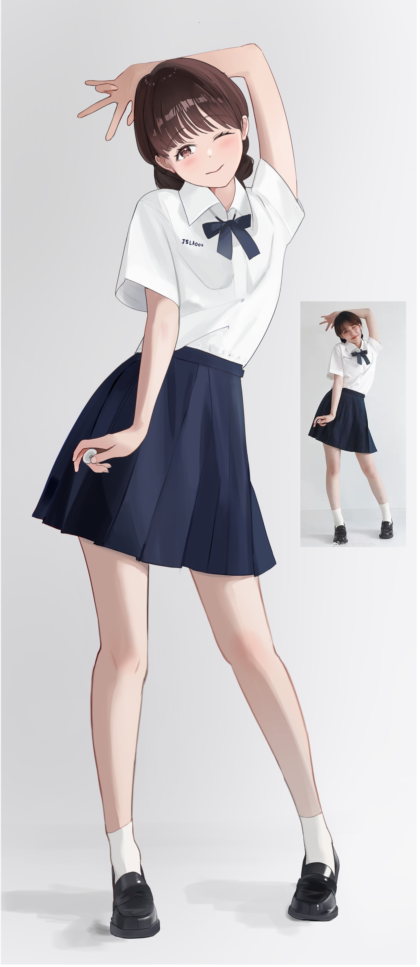 Safebooru 1girl Absurdres Arm At Side Arm Up Black Hair Blue Bow Blue 8763