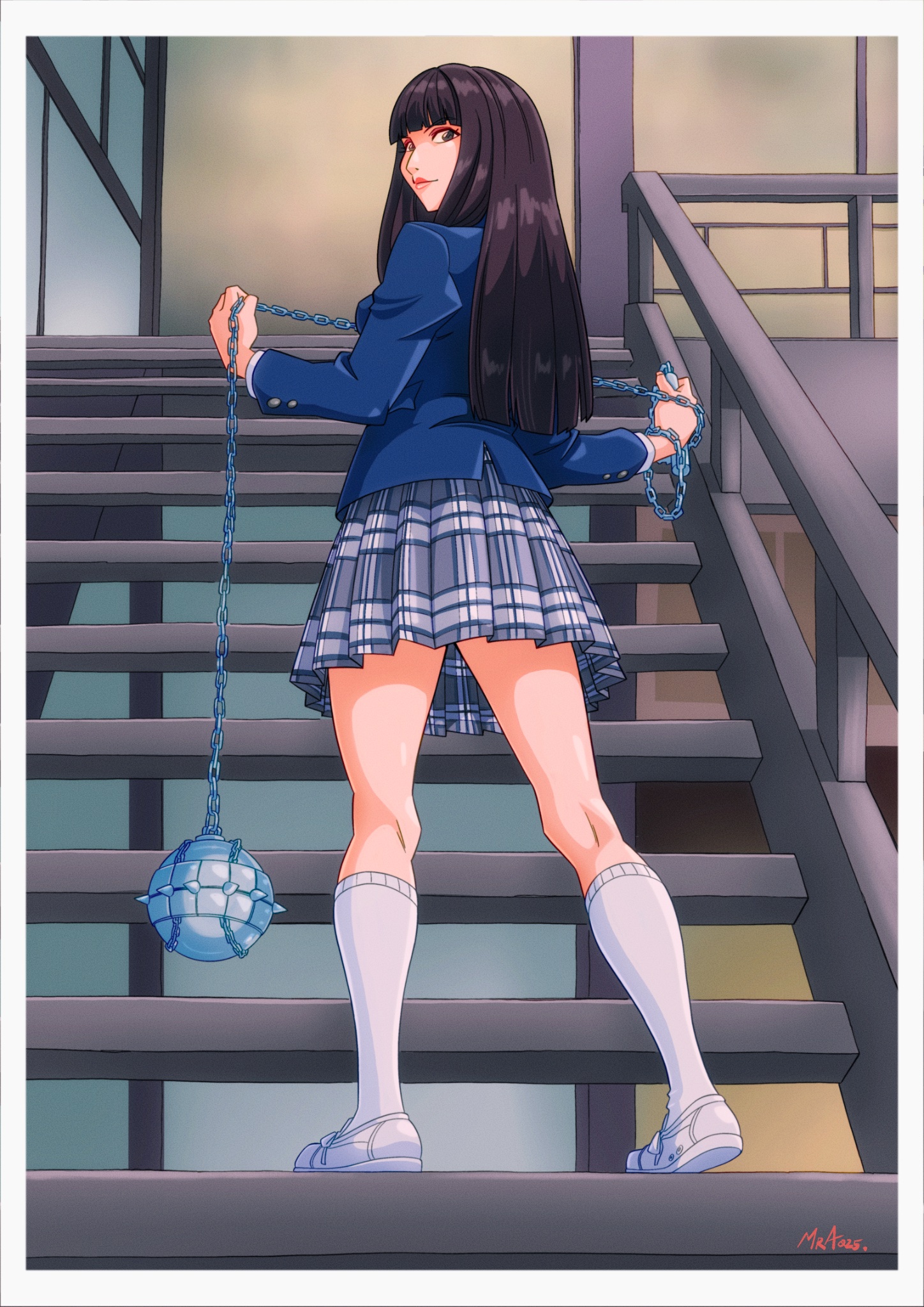 Safebooru - 1girl ball and chain (weapon) black eyes black hair blazer blunt bangs commentary ...