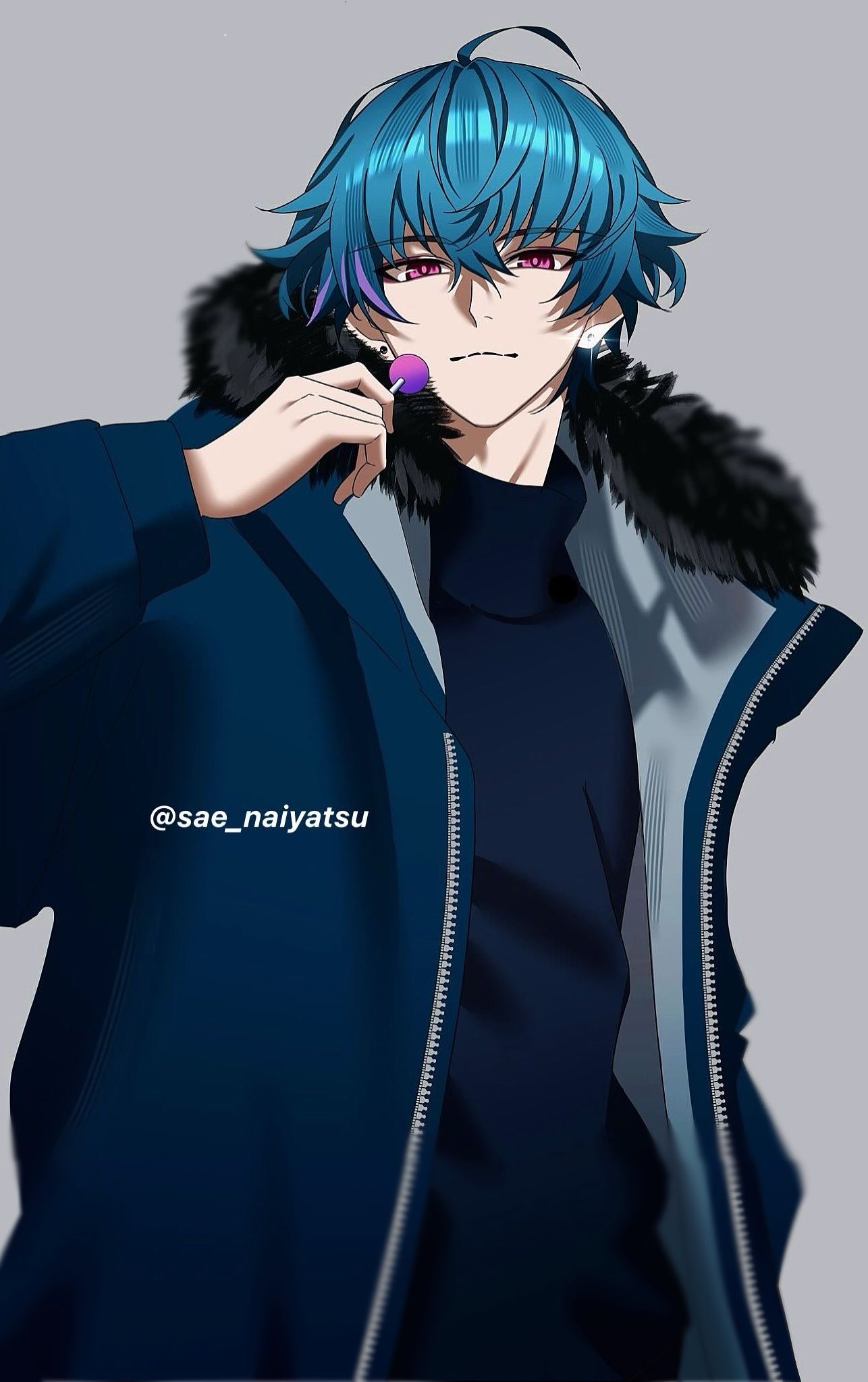 Safebooru - 1boy arm up black fur blue hair blue jacket blue shirt brant (wuthering waves) candy ...