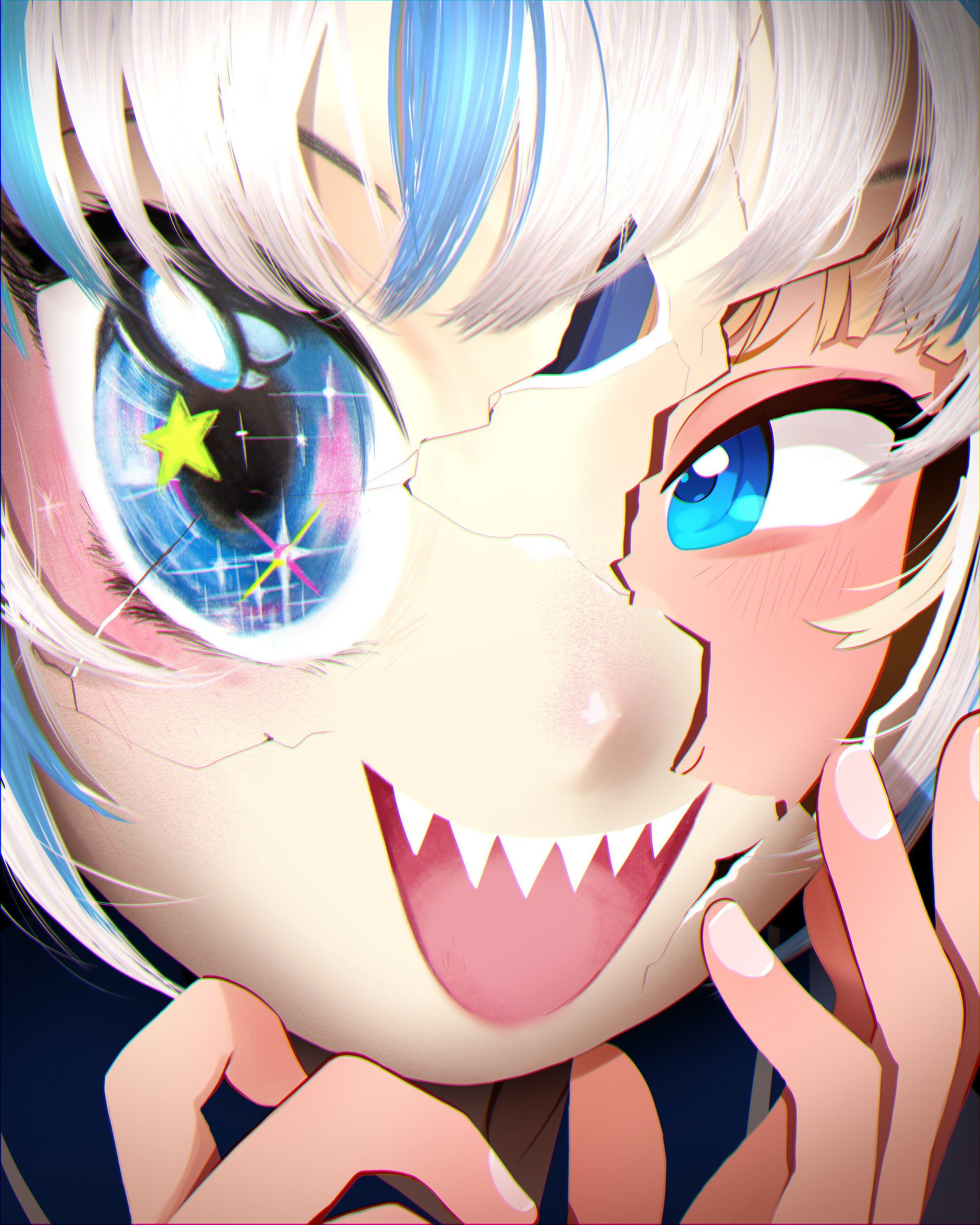 Safebooru - 1girl absurdres blonde hair blue eyes blue hair broken mask ...