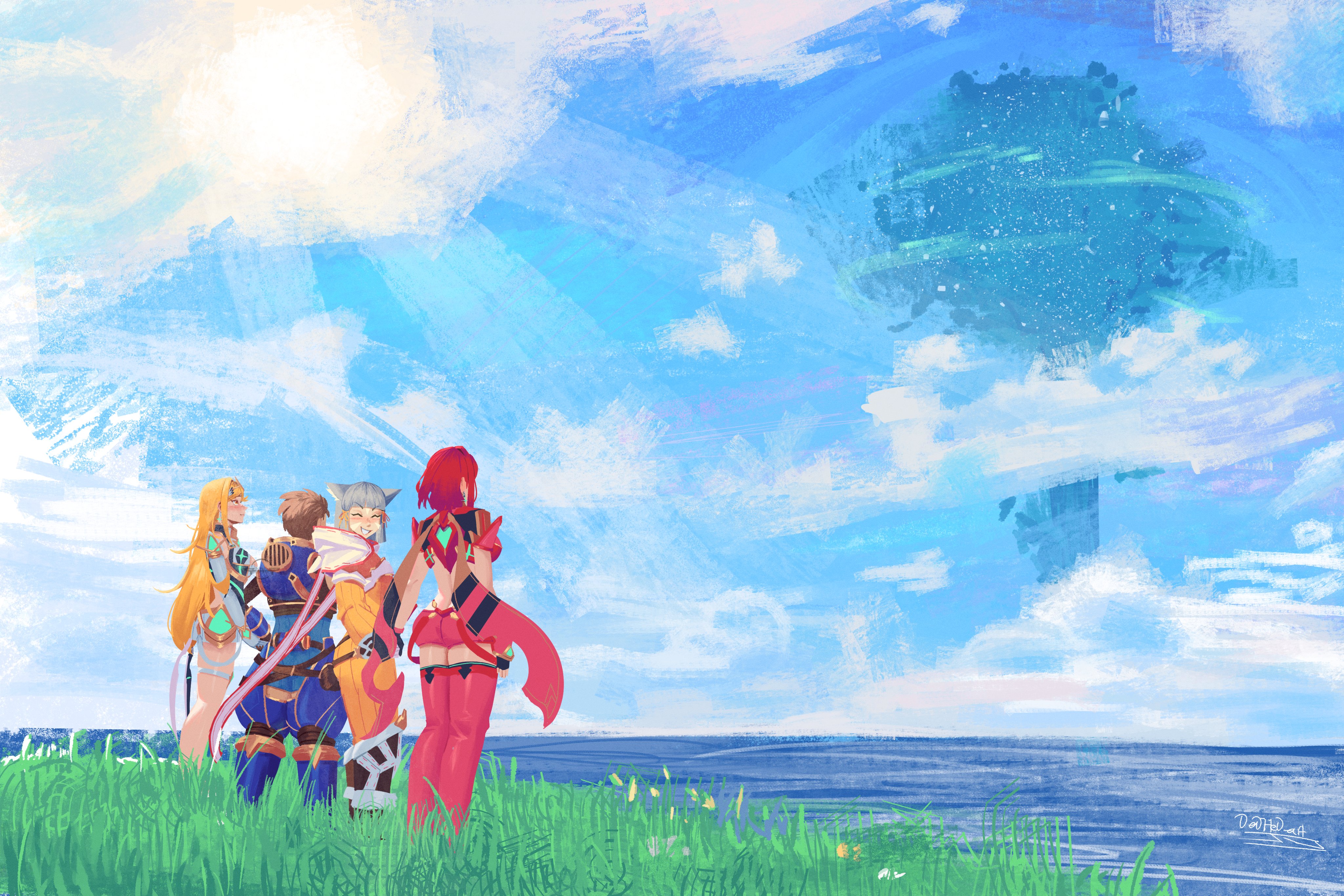 Safebooru - 1boy 3girls absurdres blue sky blush chaps dedhed art ...