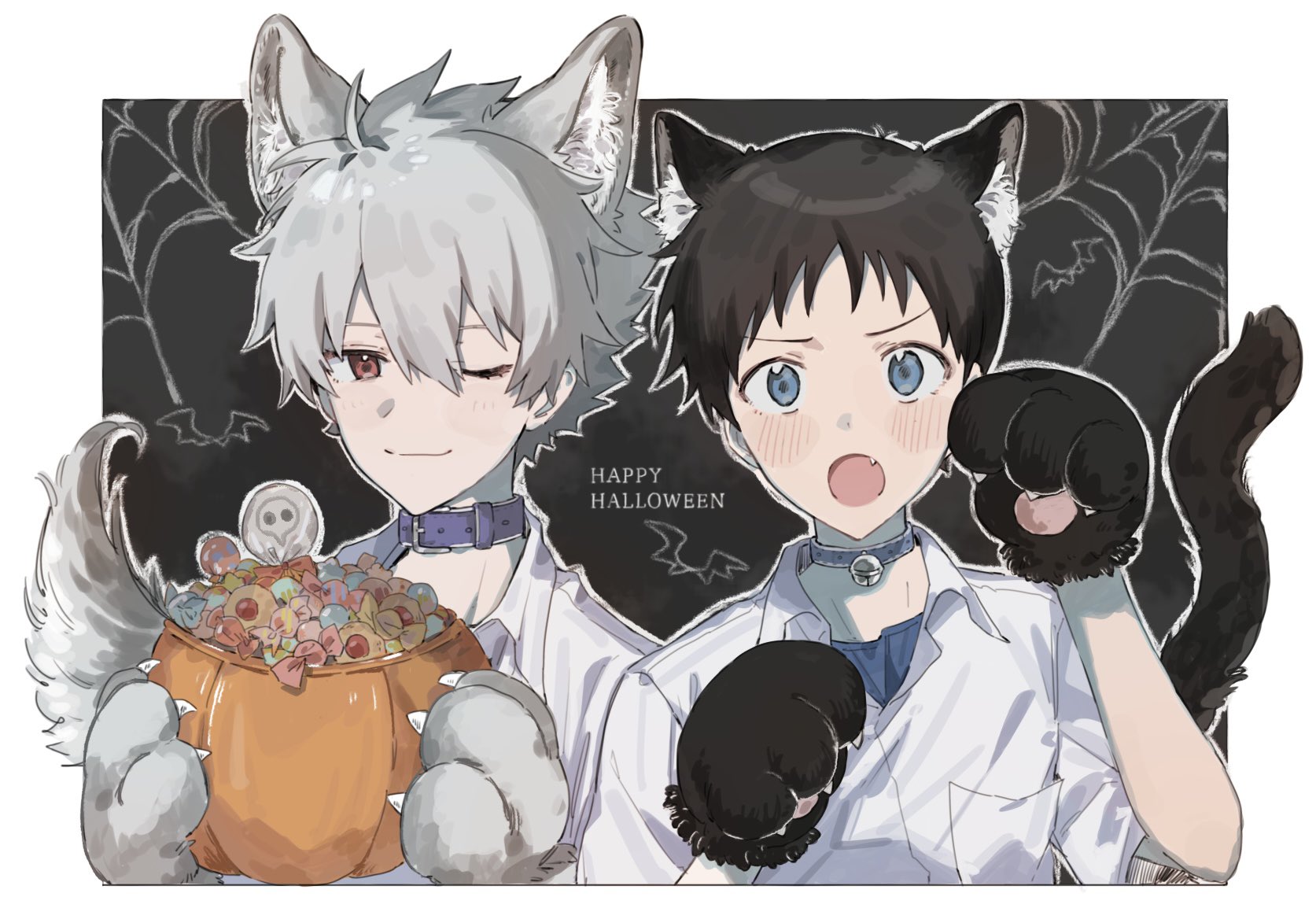 Safebooru - 2boys animal ear fluff animal ears animal hands bell black ...
