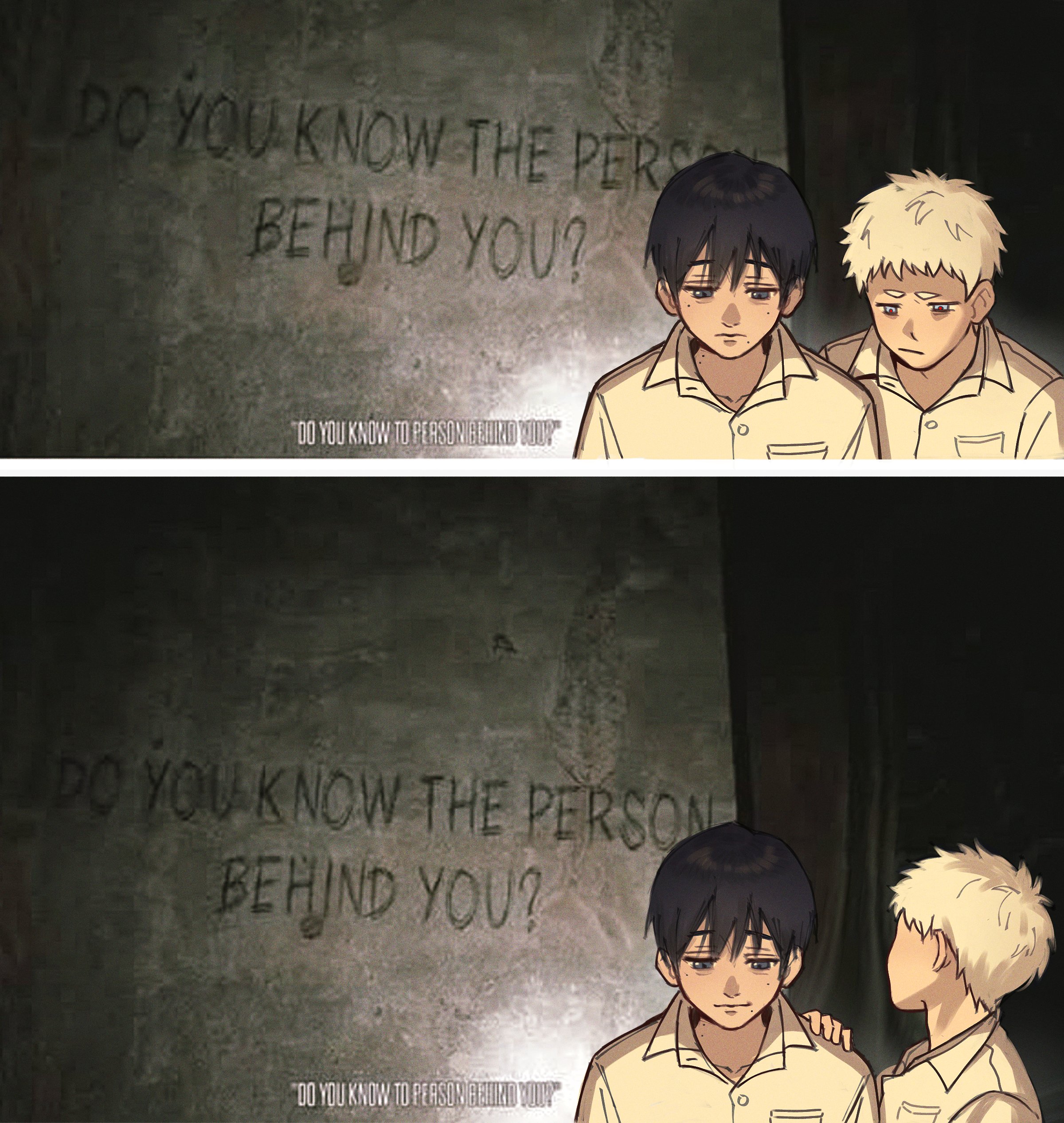Safebooru - 2boys absurdres bl0bfishnell black hair caption closed ...